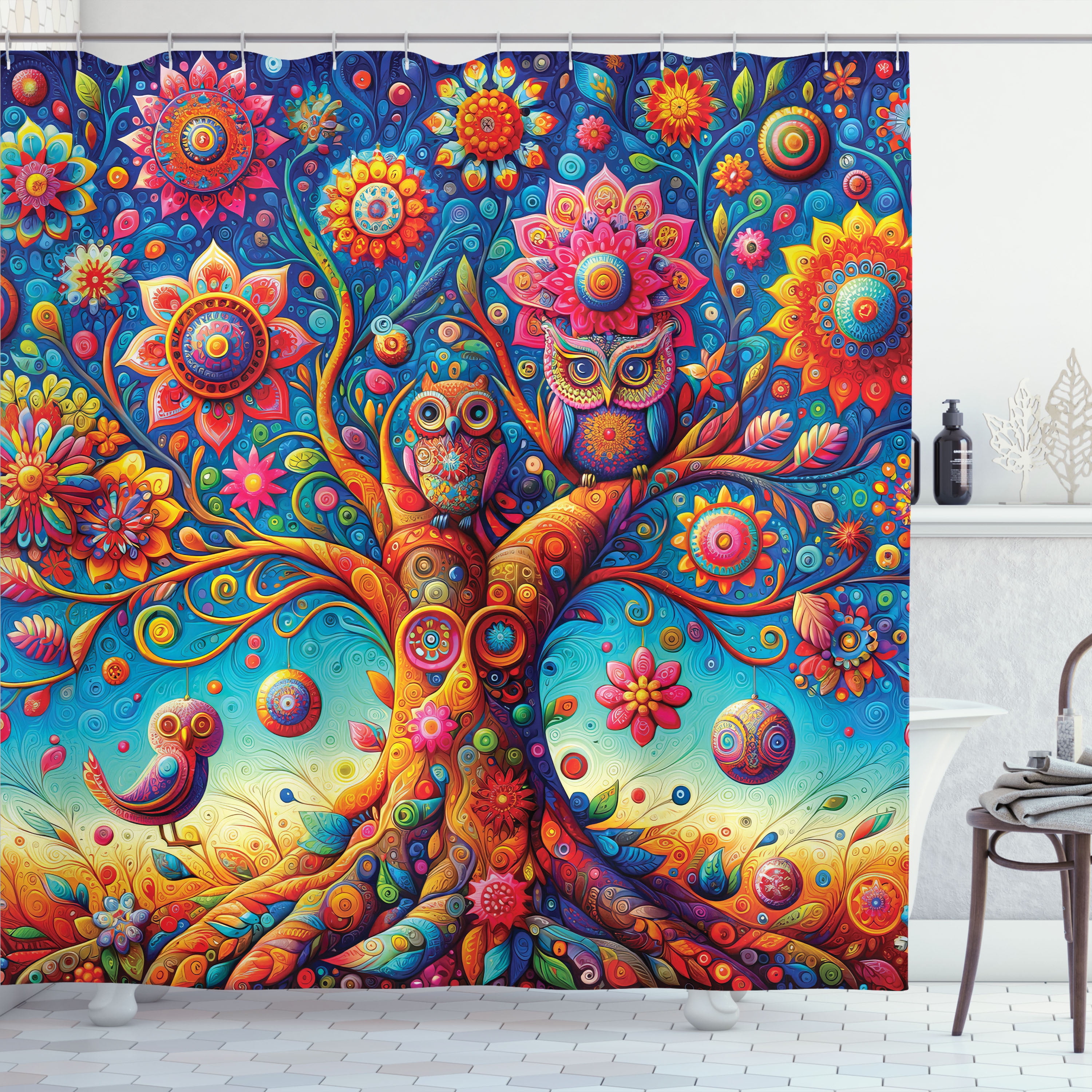 Ambesonne Colorful Shower Curtain, Oriental Floral Vines Owls, 69"Wx84 ...