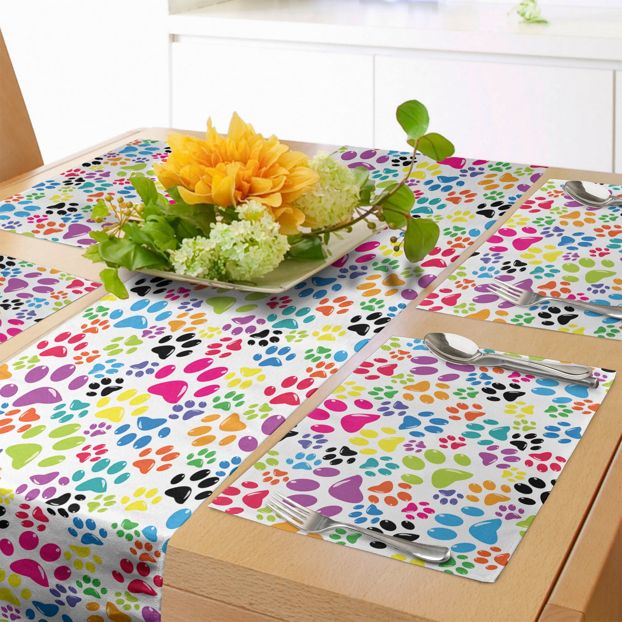Ambesonne Colorful Table Runner & Placemats, Cartoon Dog Paw Traces ...