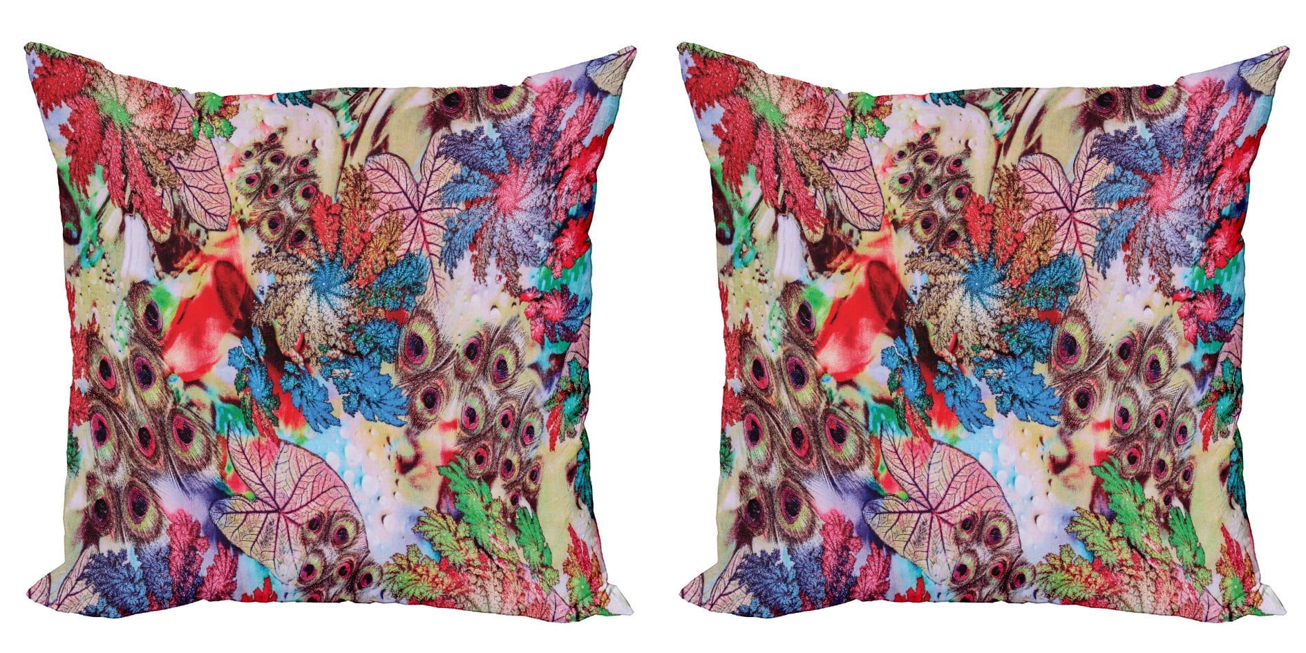 Ambesonne Colorful Throw Pillow Cover 2 Pack, Peacock Feather Animal ...