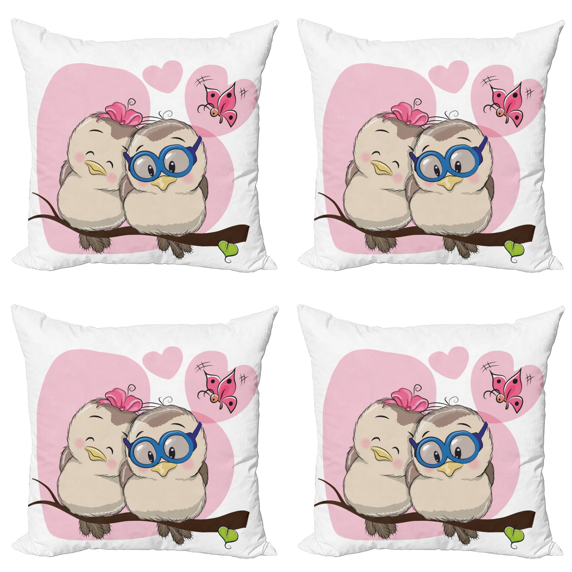 Ambesonne Colorful Throw Pillow Cover 4 Pack, Cartoon Birds Valnetine ...