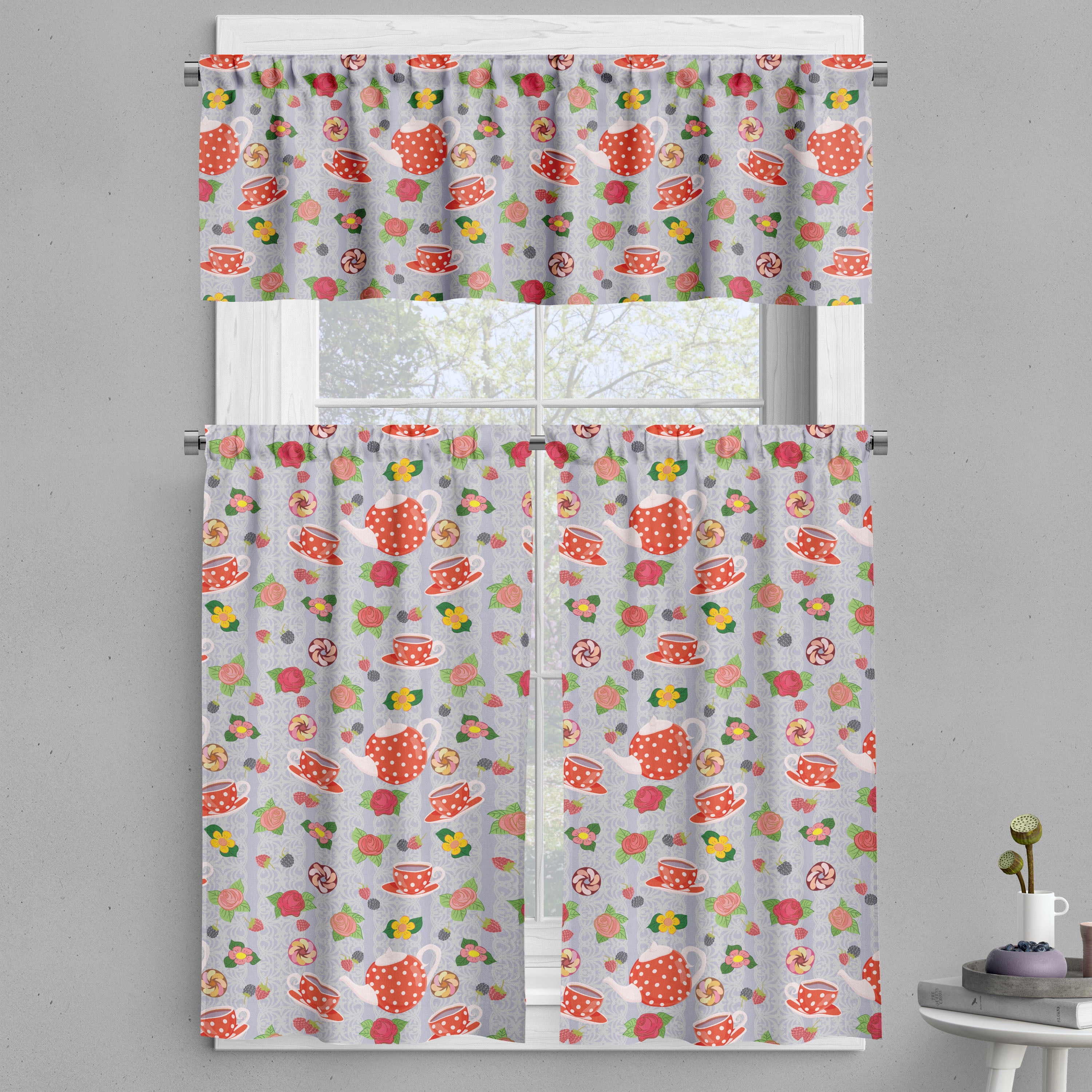 Ambesonne Colorful Valance & Curtain, Cartoon Tea Pots Roses, 55"x24 ...