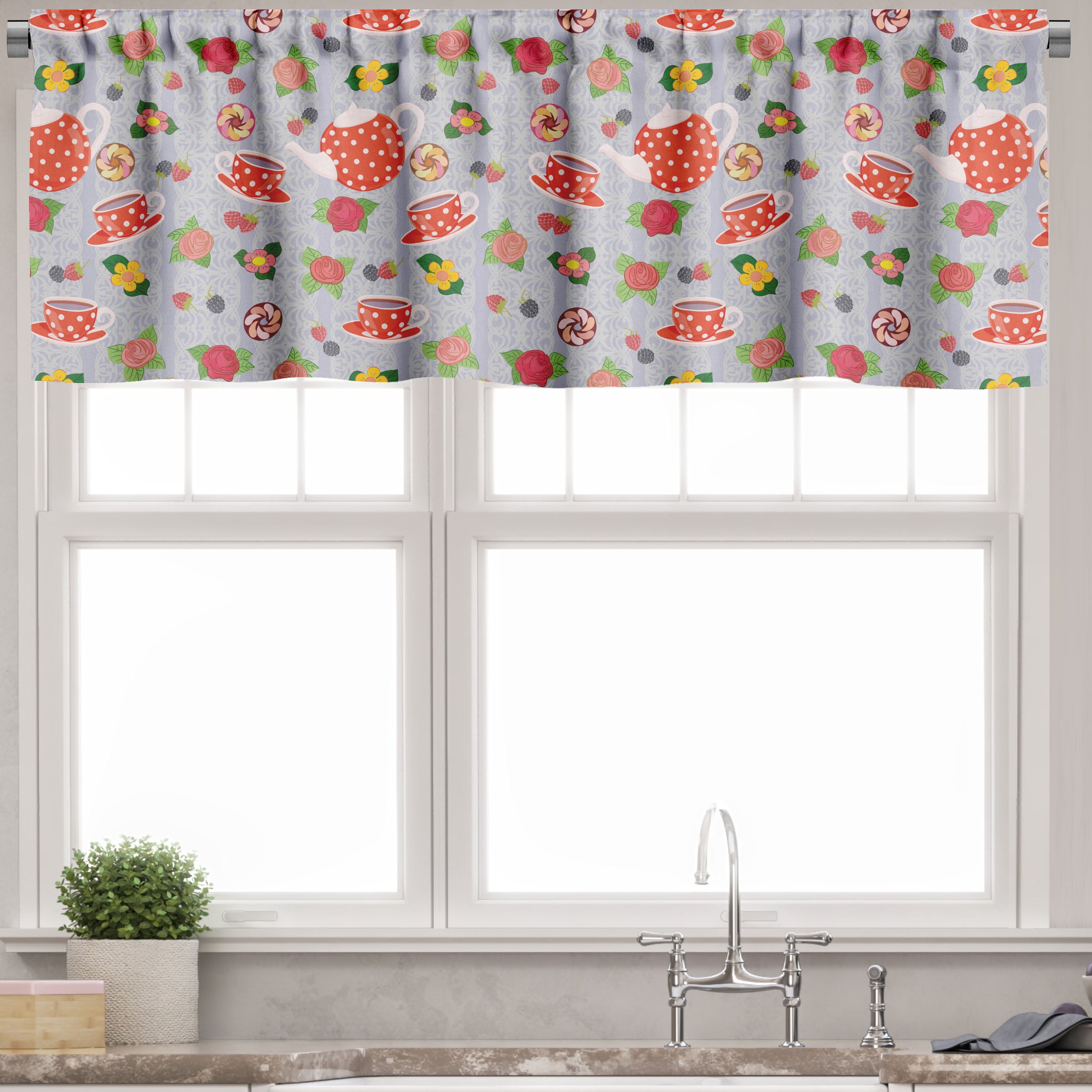 Ambesonne Colorful Valance Pack of 2, Cartoon Tea Pots Roses, 54"X12 ...