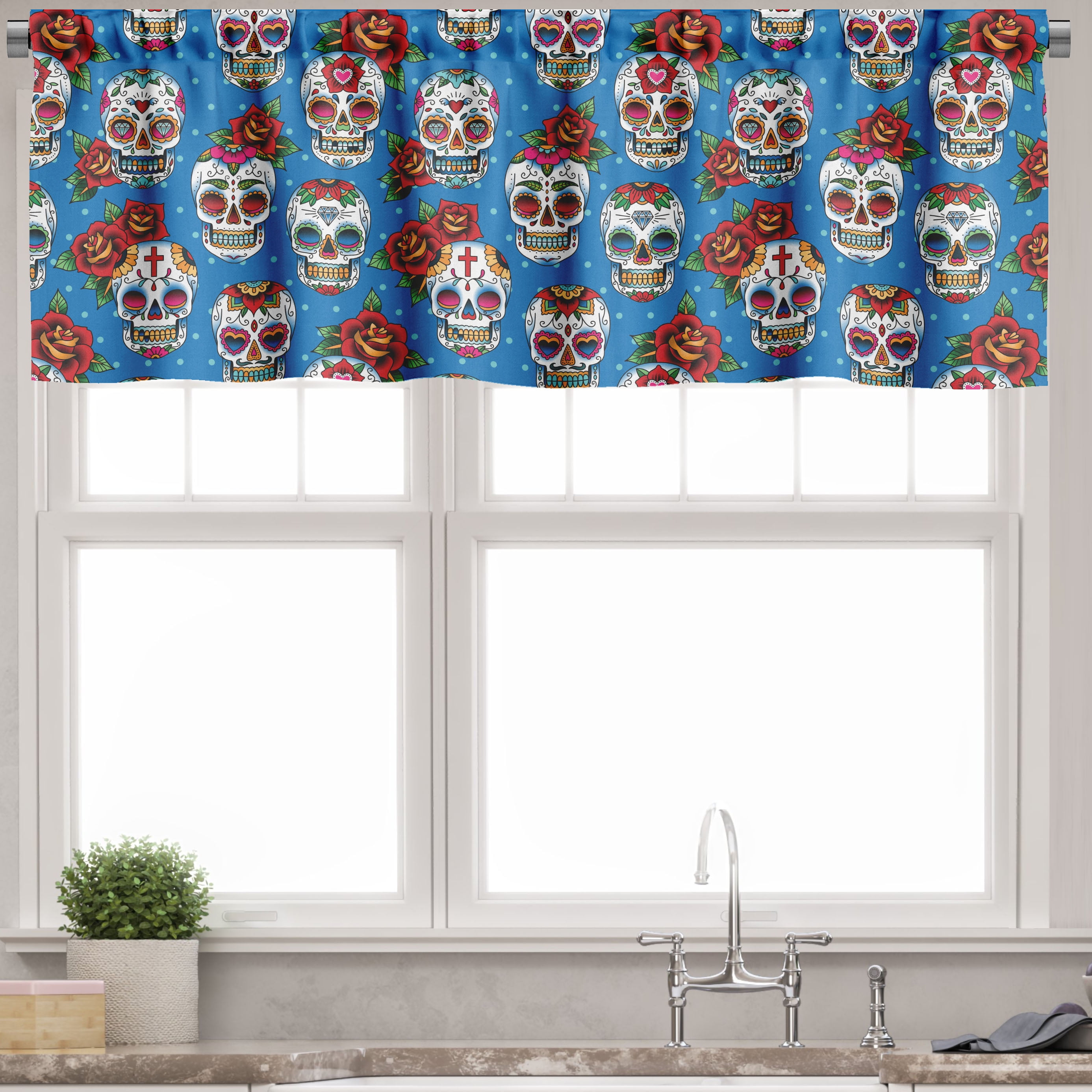 Ambesonne Colorful Valance Pack of 2, Floral Roses Skulls, 54"X18 ...