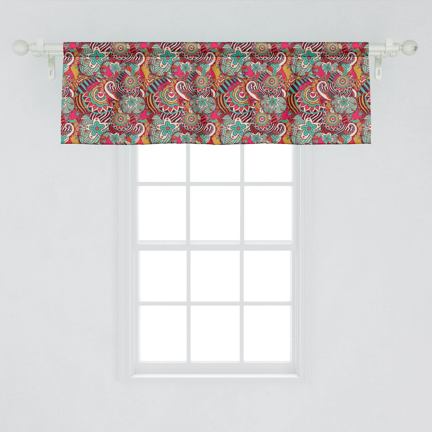 Ambesonne Colorful Window Valance Hand Drawn Composition With Flowers