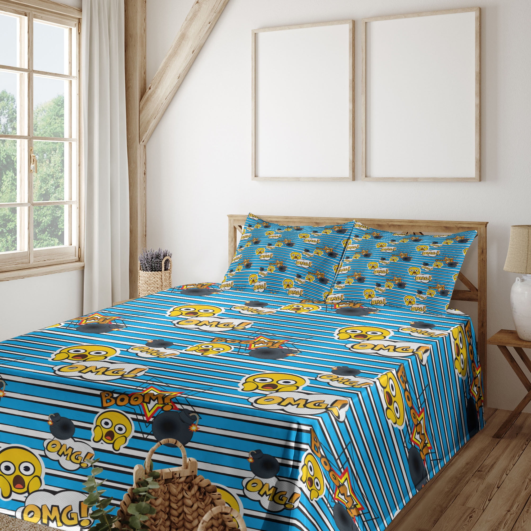Ambesonne Comic Emoji Fitted & Top Sheet Set with Sham, Pop Stars ...
