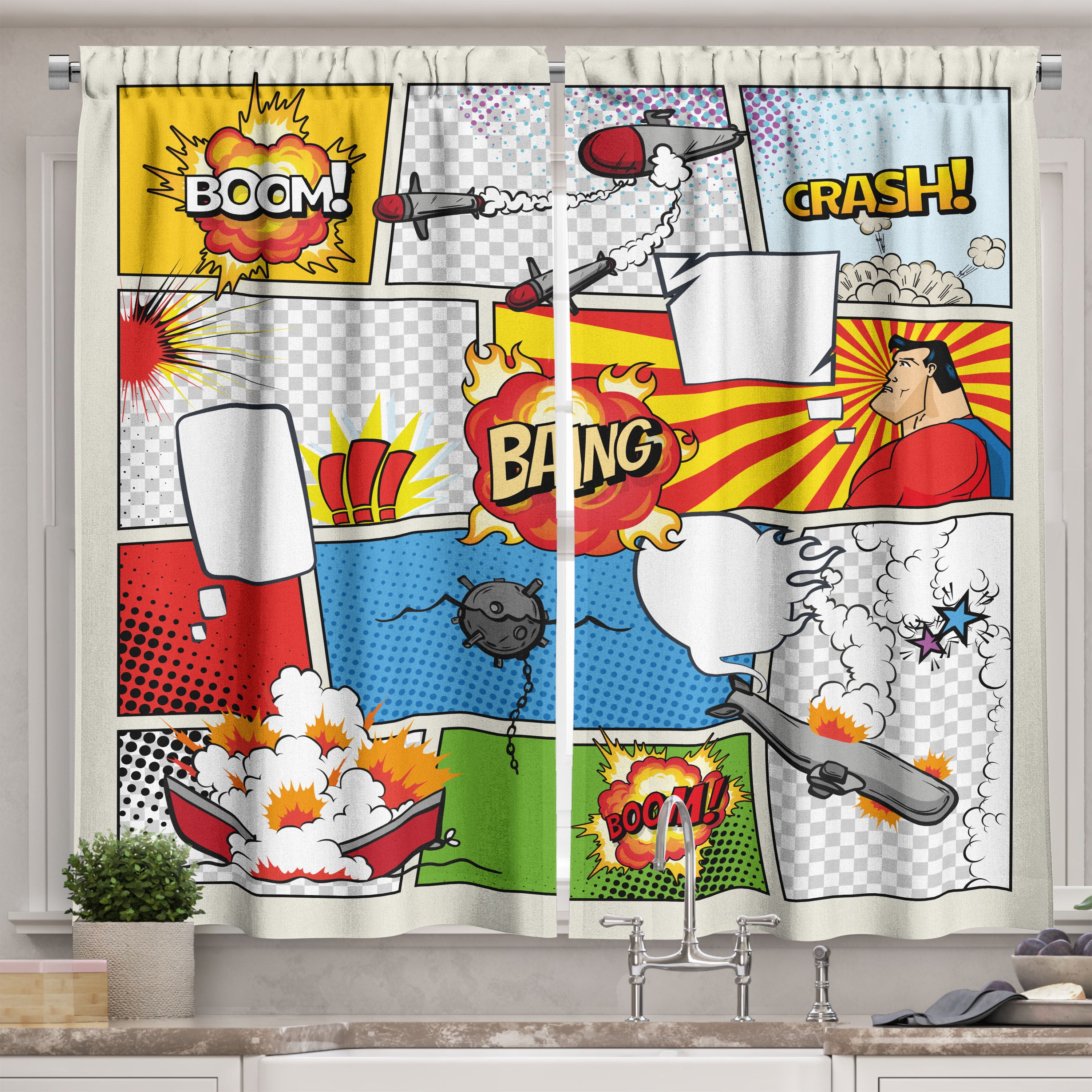 Ambesonne Comic Kitchen Curtains, Cartoon Page Design Print, 55"x36 ...