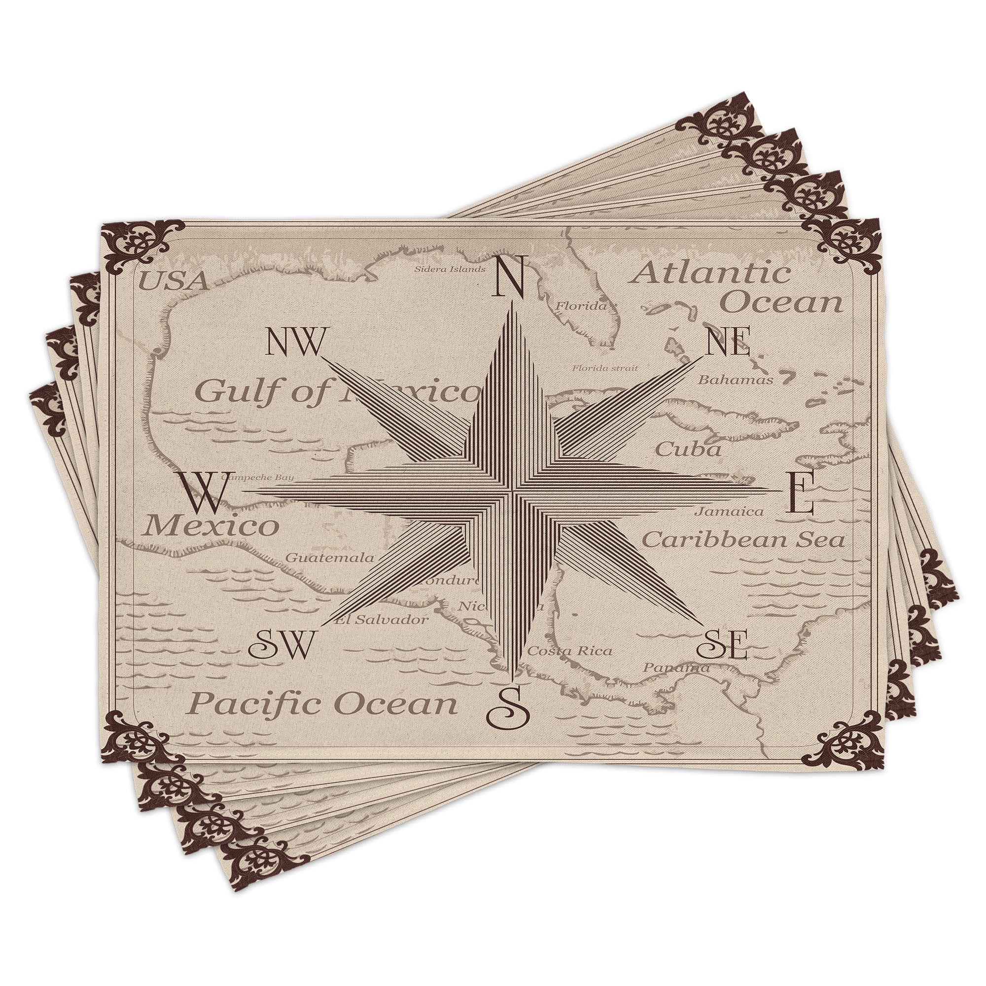 Ambesonne Compass Place Mats Set of 4, Central America Map, Standard ...
