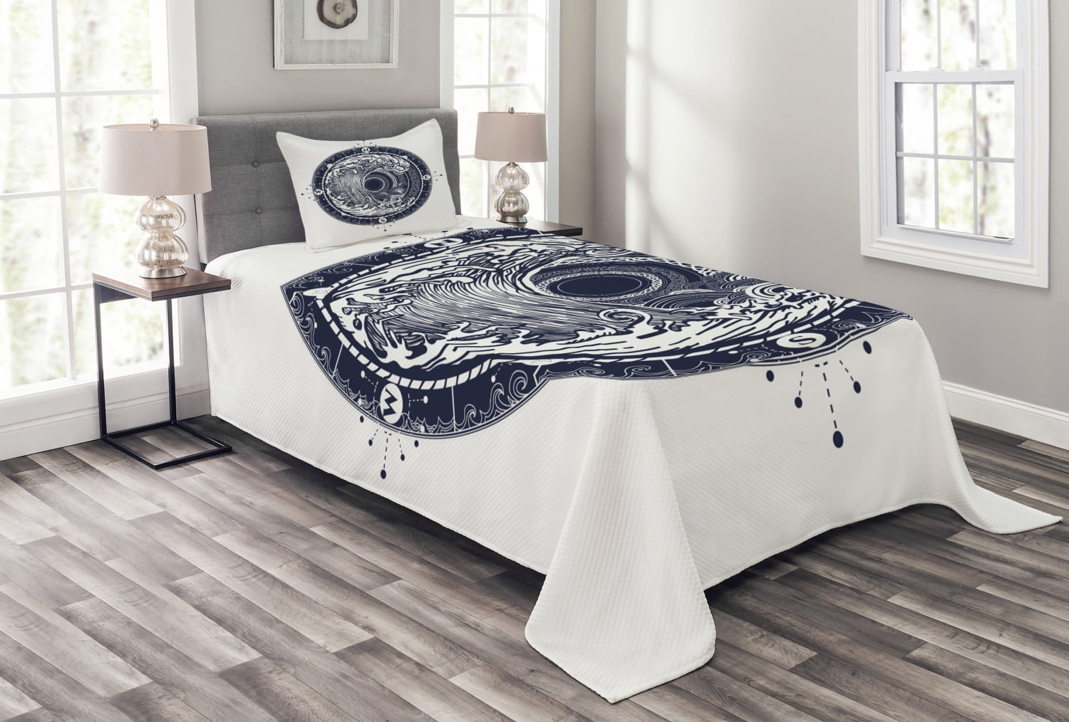 Ambesonne Compass Quilted Bedspread Set 2 Pcs, Sea Navigation Big Wave ...