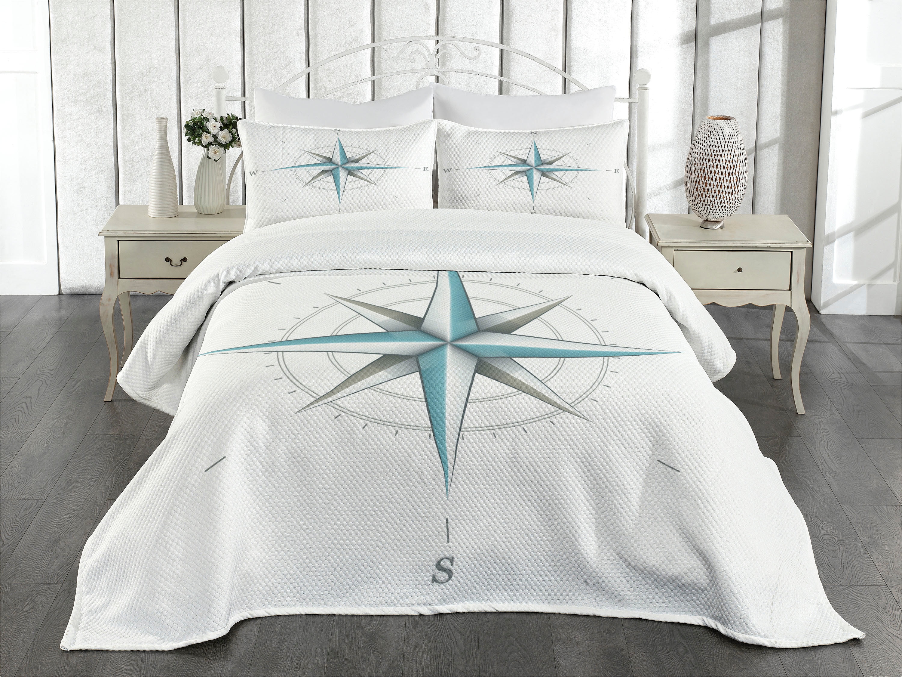 Ambesonne Compass Quilted Bedspread Set 3 Pcs, Antique Wind Rose, King Size, Teal and Dimgray ...