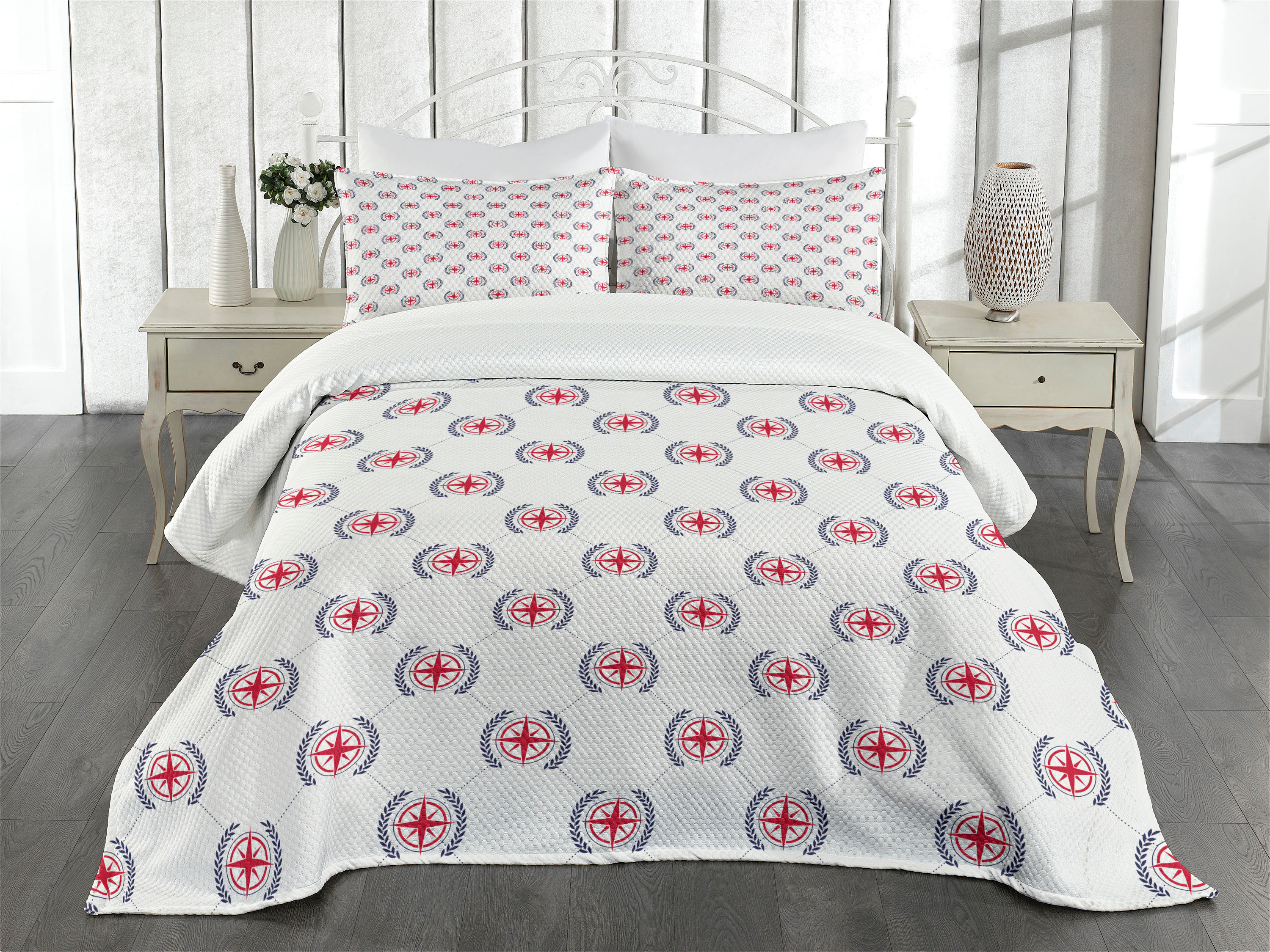 Ambesonne Compass Quilted Bedspread Set 3 Pcs, Diamond Windrose Leaf ...