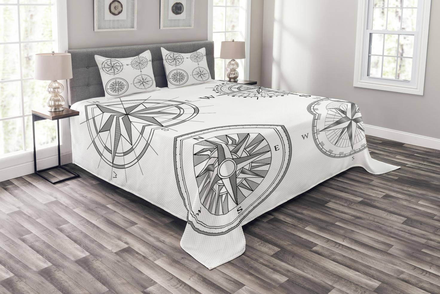 Ambesonne Compass Quilted Bedspread Set 3 Pcs, Seafaring Monochrome ...