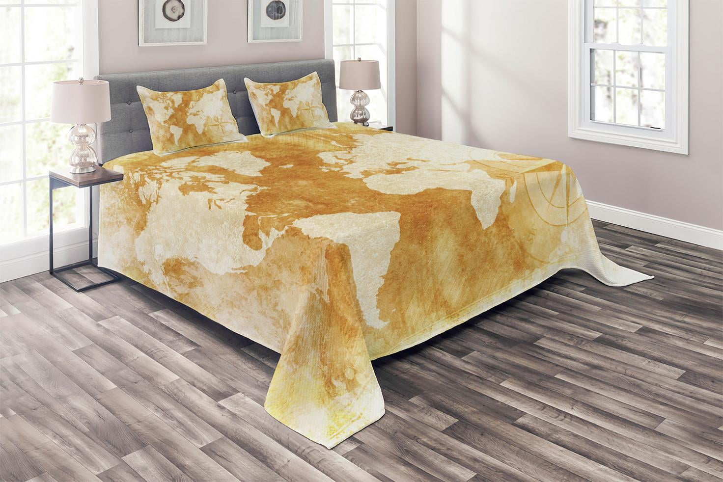 Ambesonne Compass Quilted Coverlet 3 Pcs, Old Fashioned World Map ...