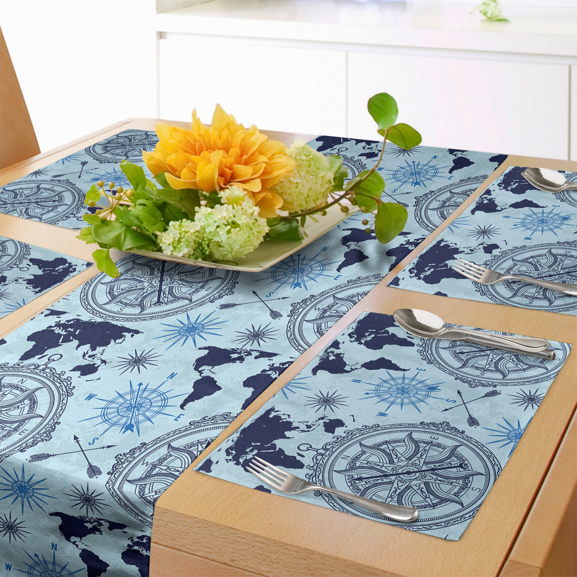 Ambesonne Compass Table Runner & Placemats, World Map Arrow Pattern ...