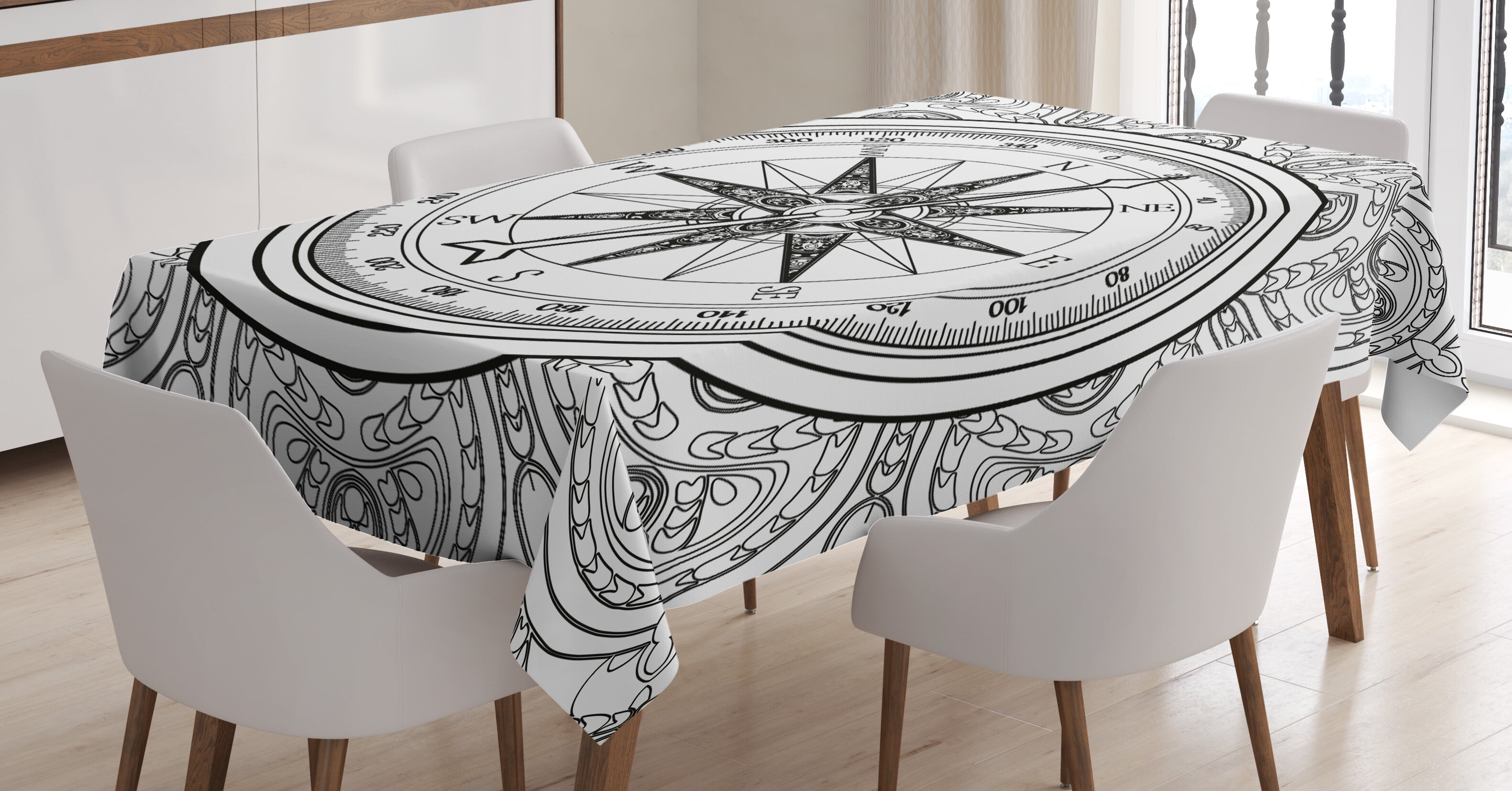 Ambesonne Compass Tablecloth Rectangular Table Cover, Windrose Line Art ...