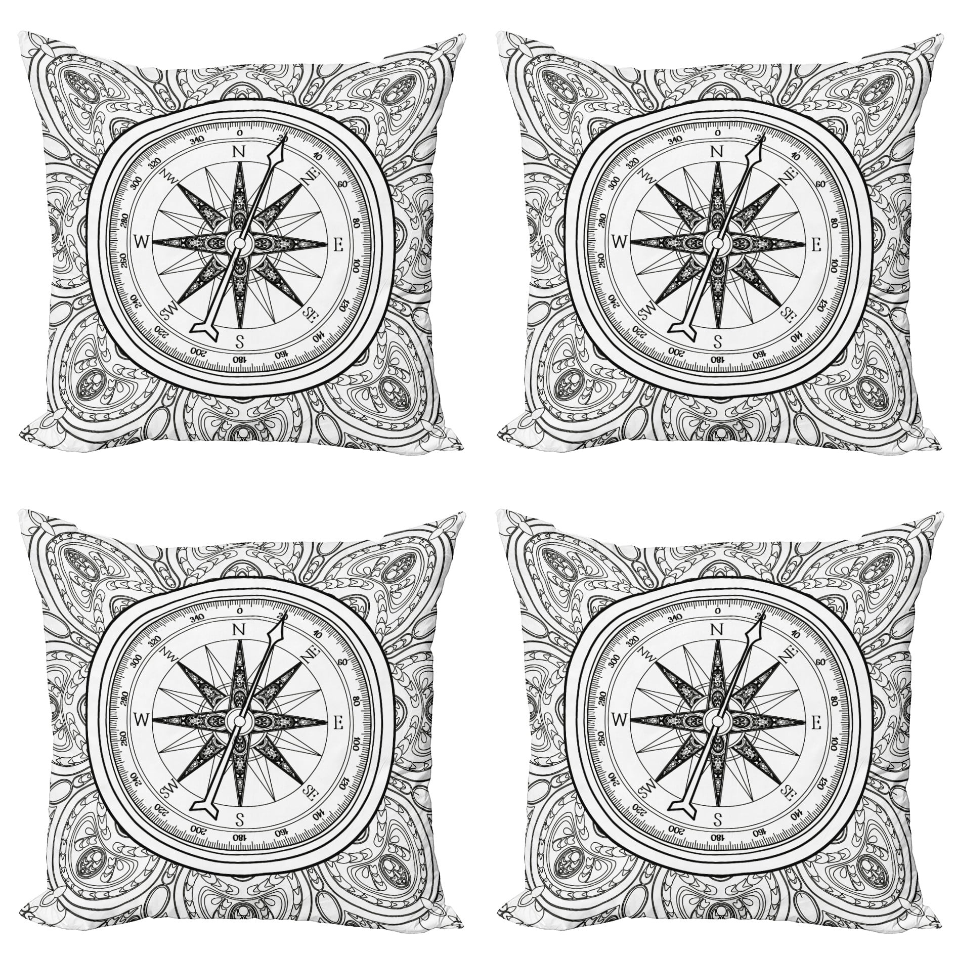 Ambesonne Compass Throw Pillow Cover 4 Pack, Windrose Line Art Style ...