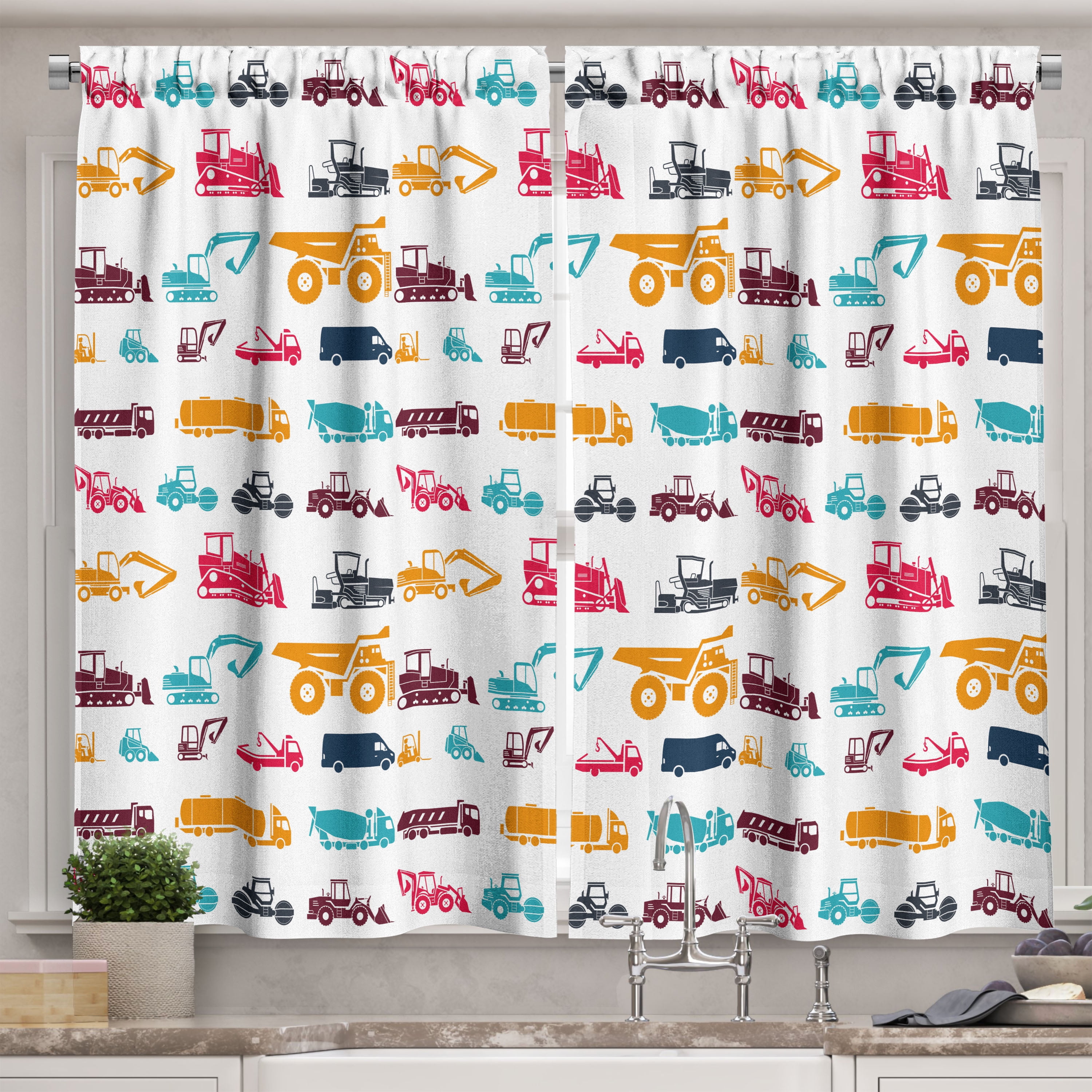 Ambesonne Construction Kitchen Curtains, Colorful Trucks, 55"x39 ...