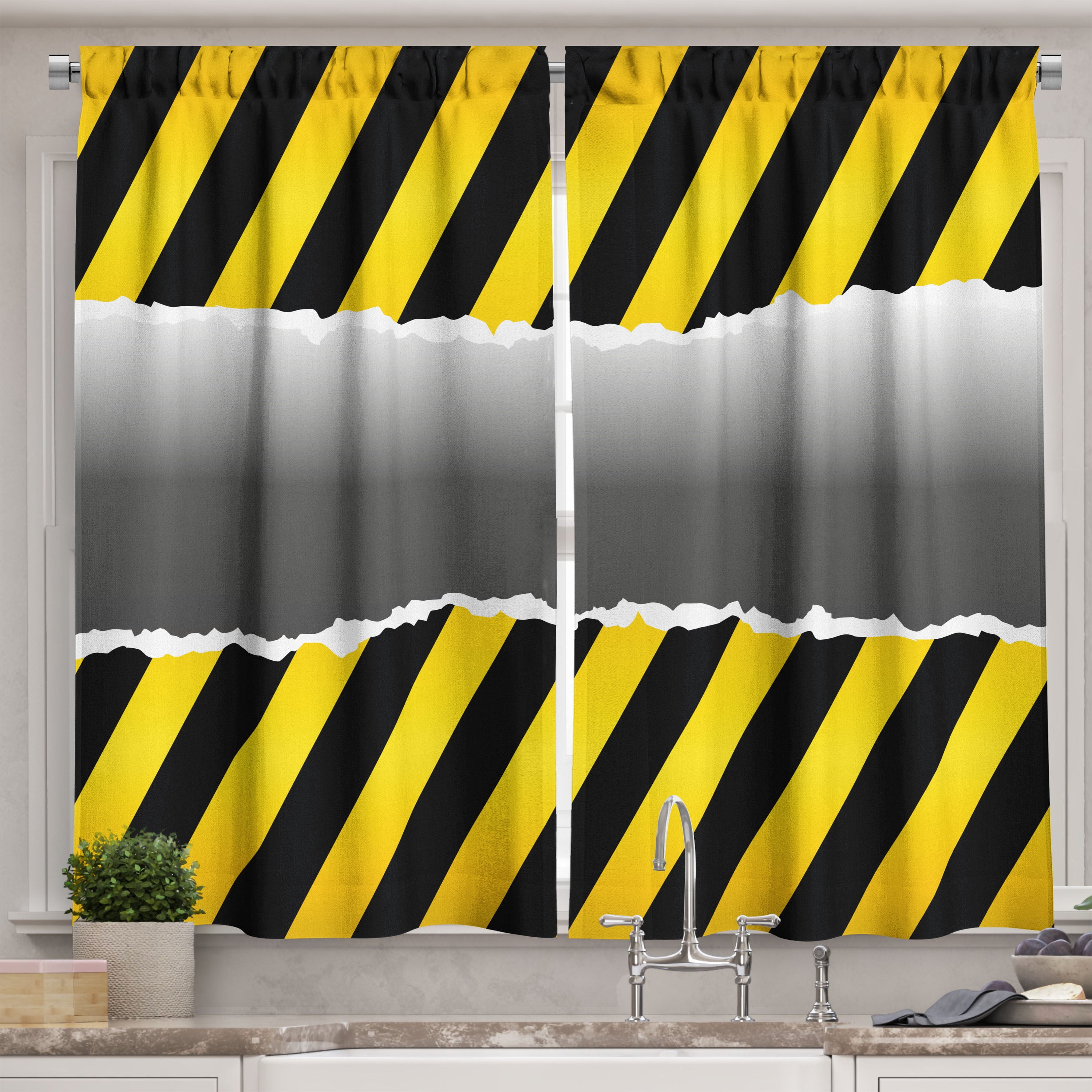 Ambesonne Construction Kitchen Curtains, Work Site Caution, 55"x39 ...