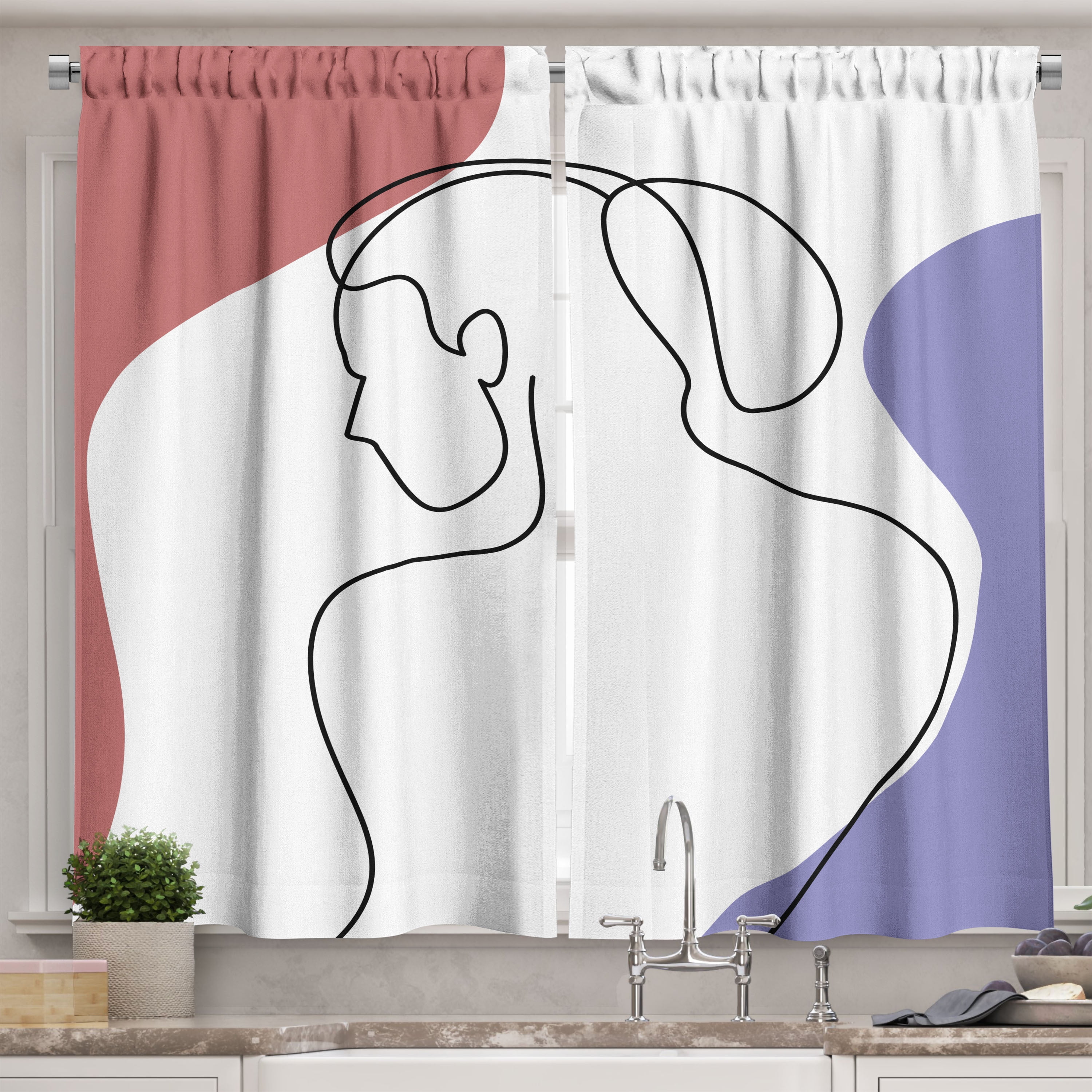 Ambesonne Contemporary Kitchen Curtains, Minimal Line Art Lady, 55"x36 ...