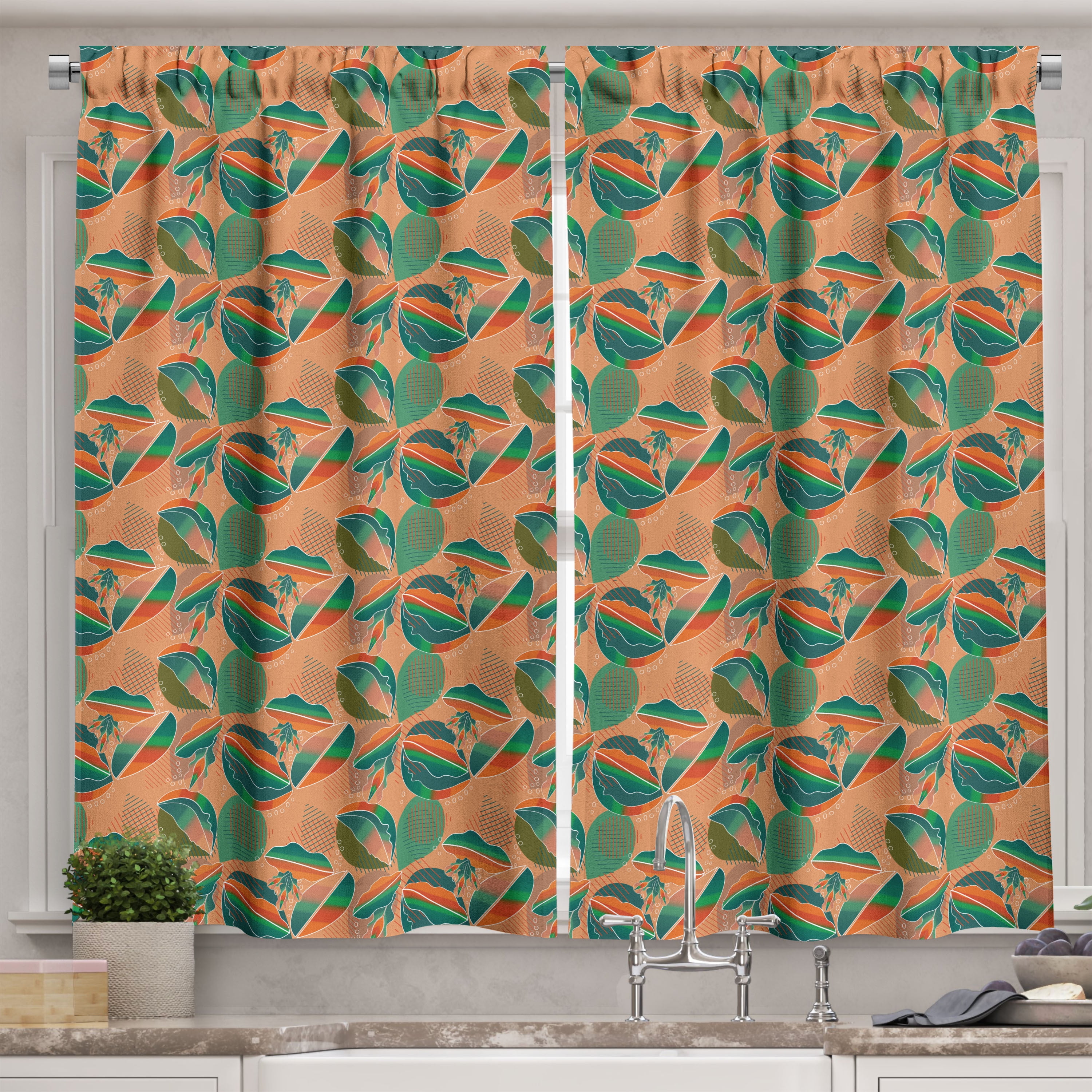 Ambesonne Coral Kitchen Curtains, Colorful Tropical Leaves Plot, 55"x24 ...