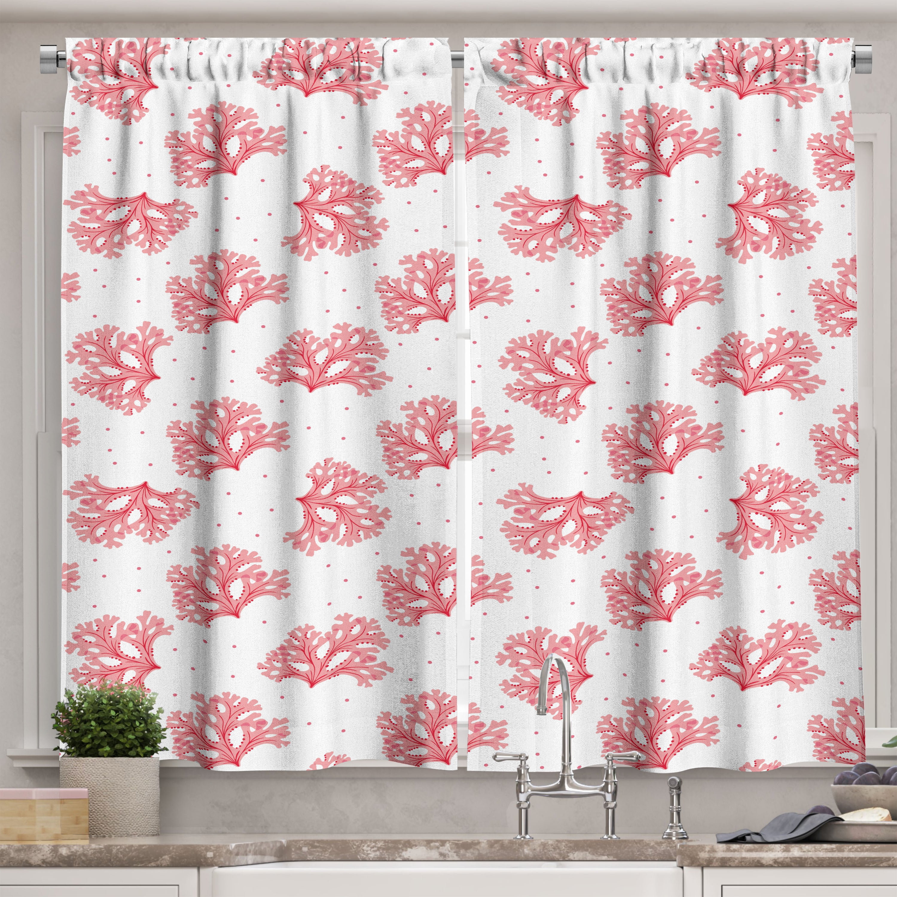 Ambesonne Coral Kitchen Curtains, Underwater Seaweeds Dots, 55"x39 ...