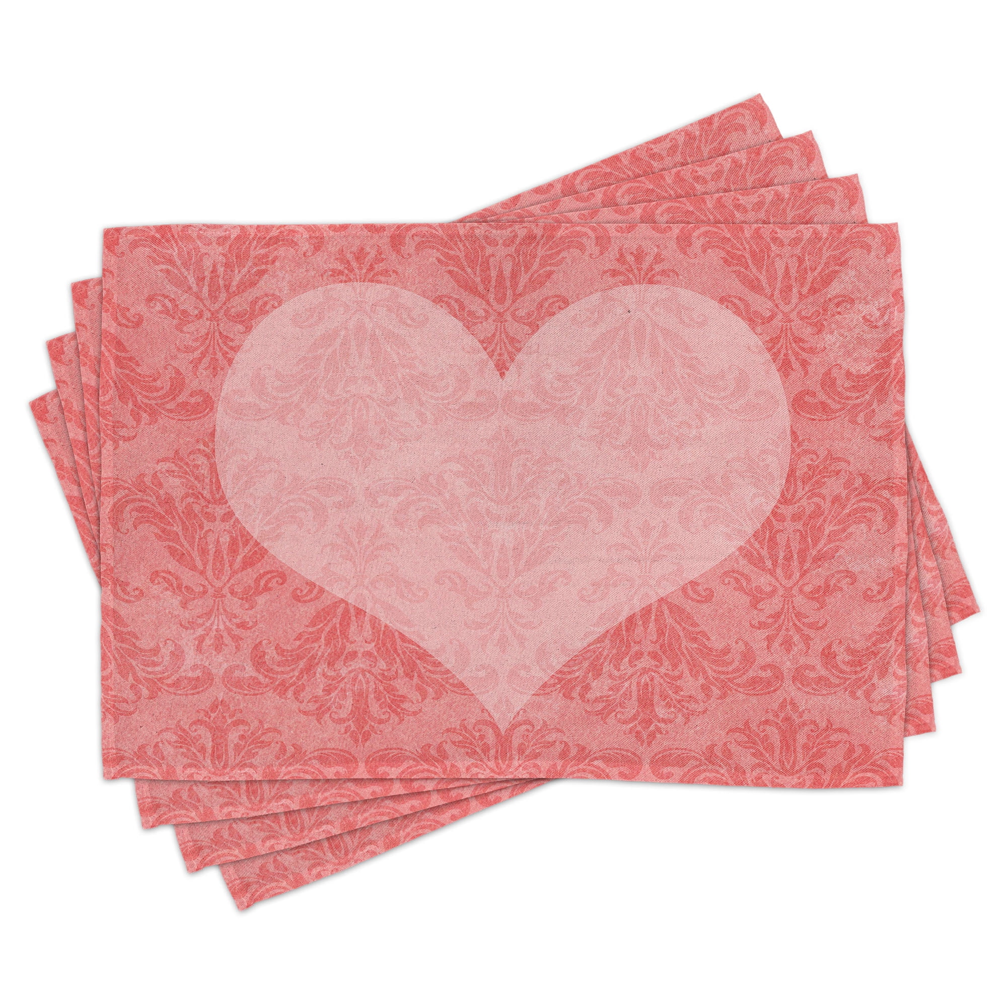 Ambesonne Coral Place Mats Set of 4, Pink Heart Damask, Standard Size ...