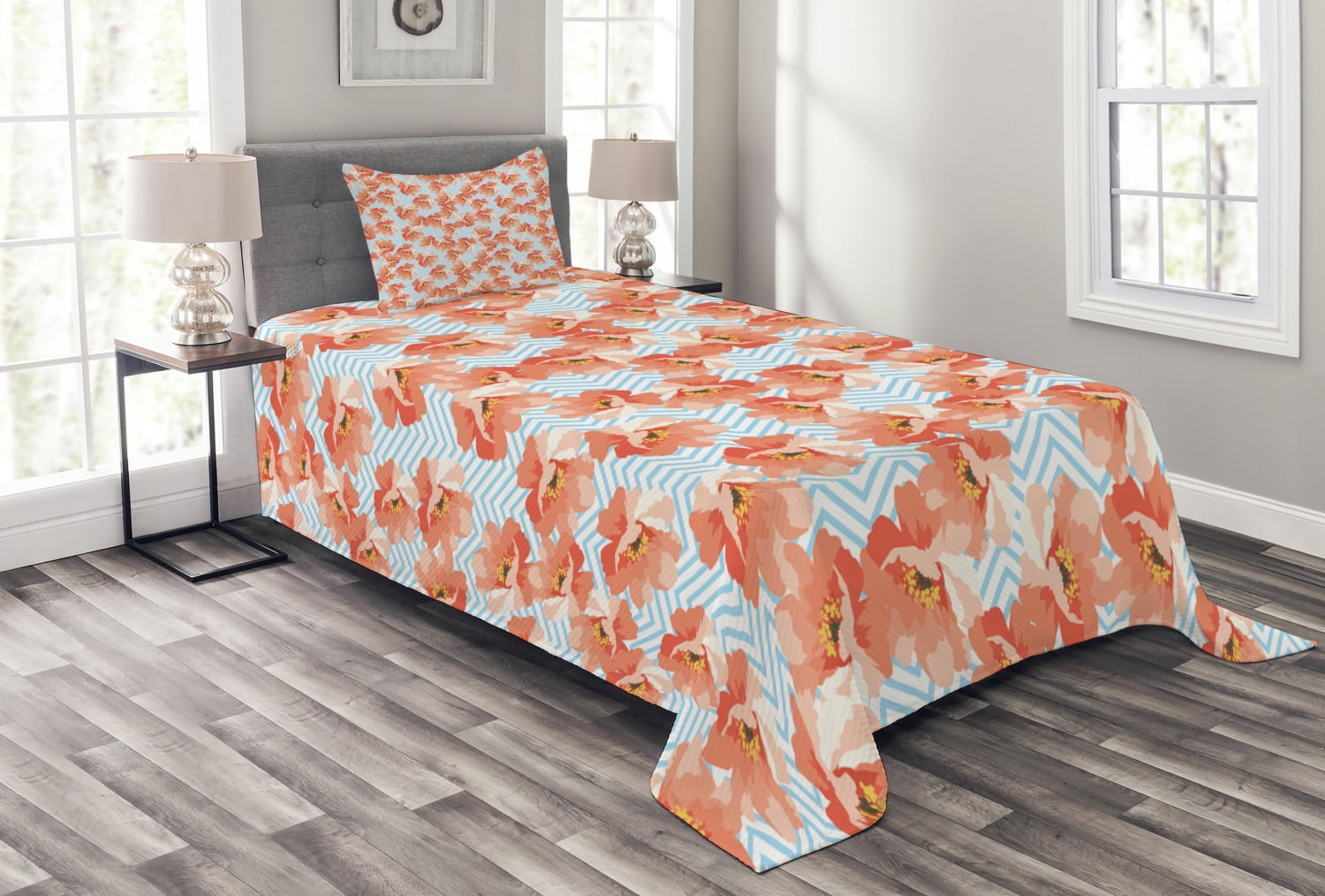 Ambesonne Coral Quilted Bedspread Set 2 Pcs, Romantic Poppy Flowers ...