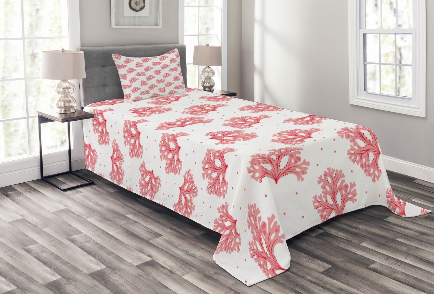 Ambesonne Coral Quilted Bedspread Set 2 Pcs, Underwater Seaweeds Dots ...