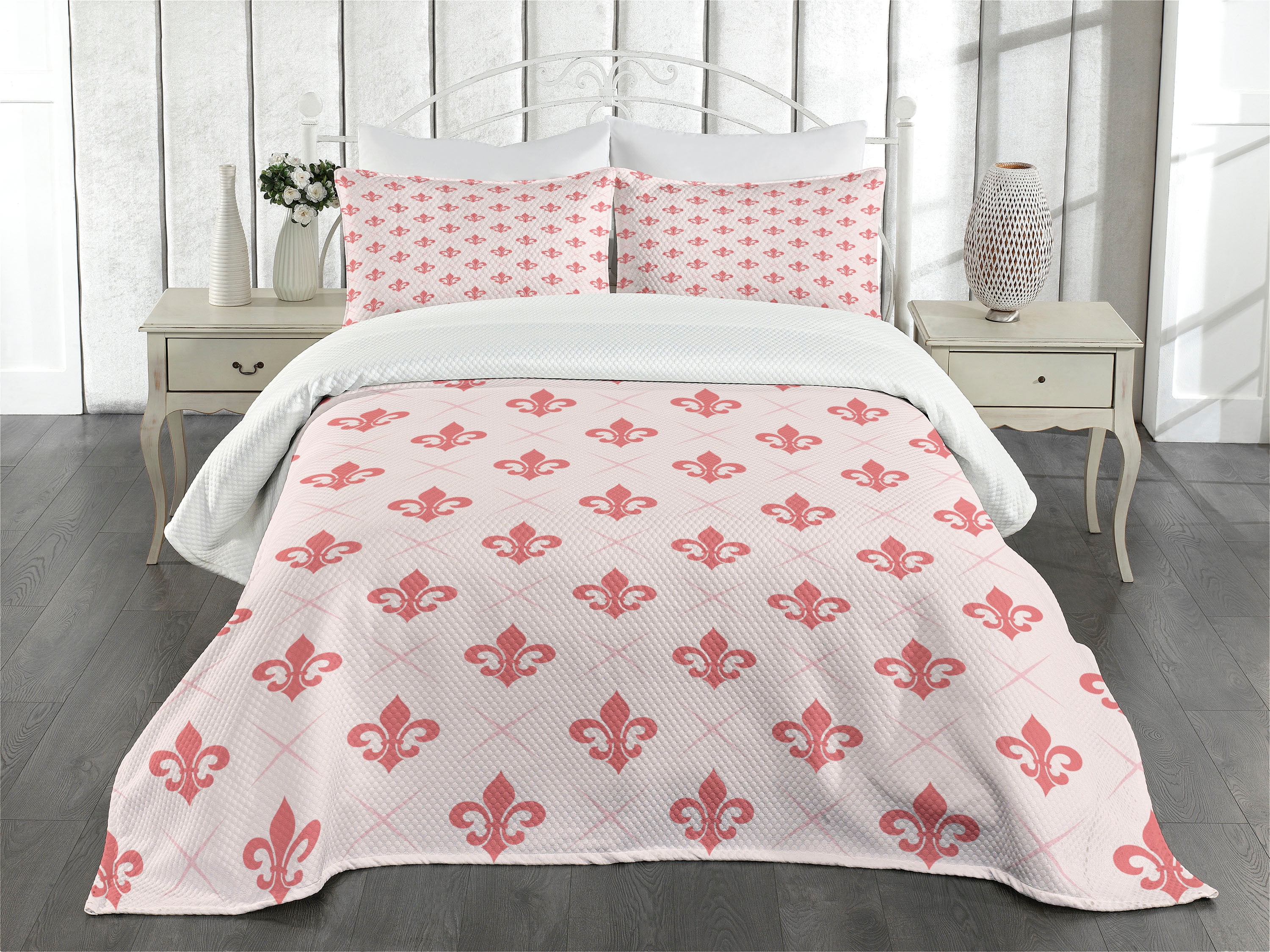 Ambesonne Coral Quilted Bedspread Set 3 Pcs, Checkered Fleur De Lis ...