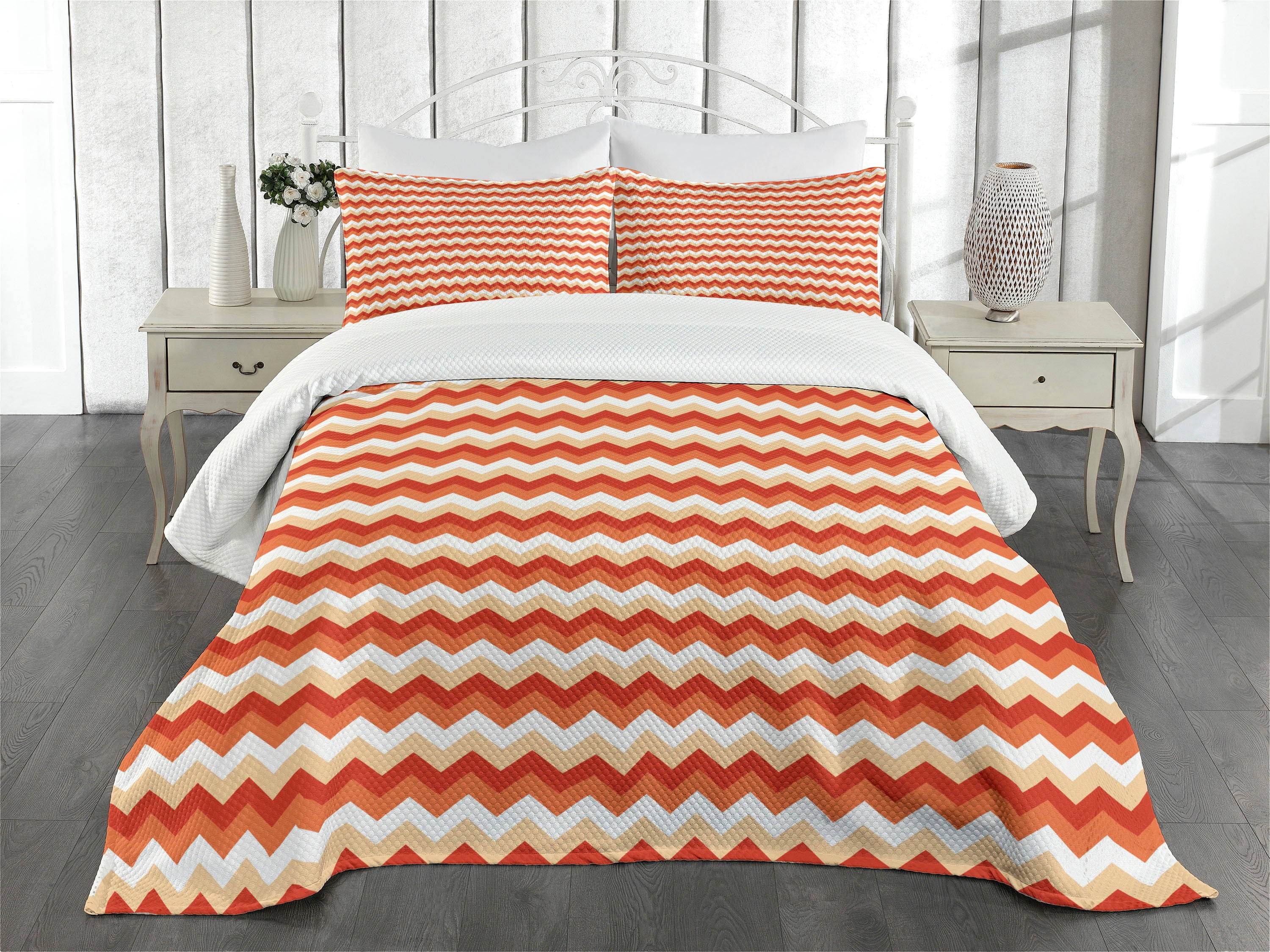 Ambesonne Coral Quilted Bedspread Set 3 Pcs, Chevron Arrows Geometric ...
