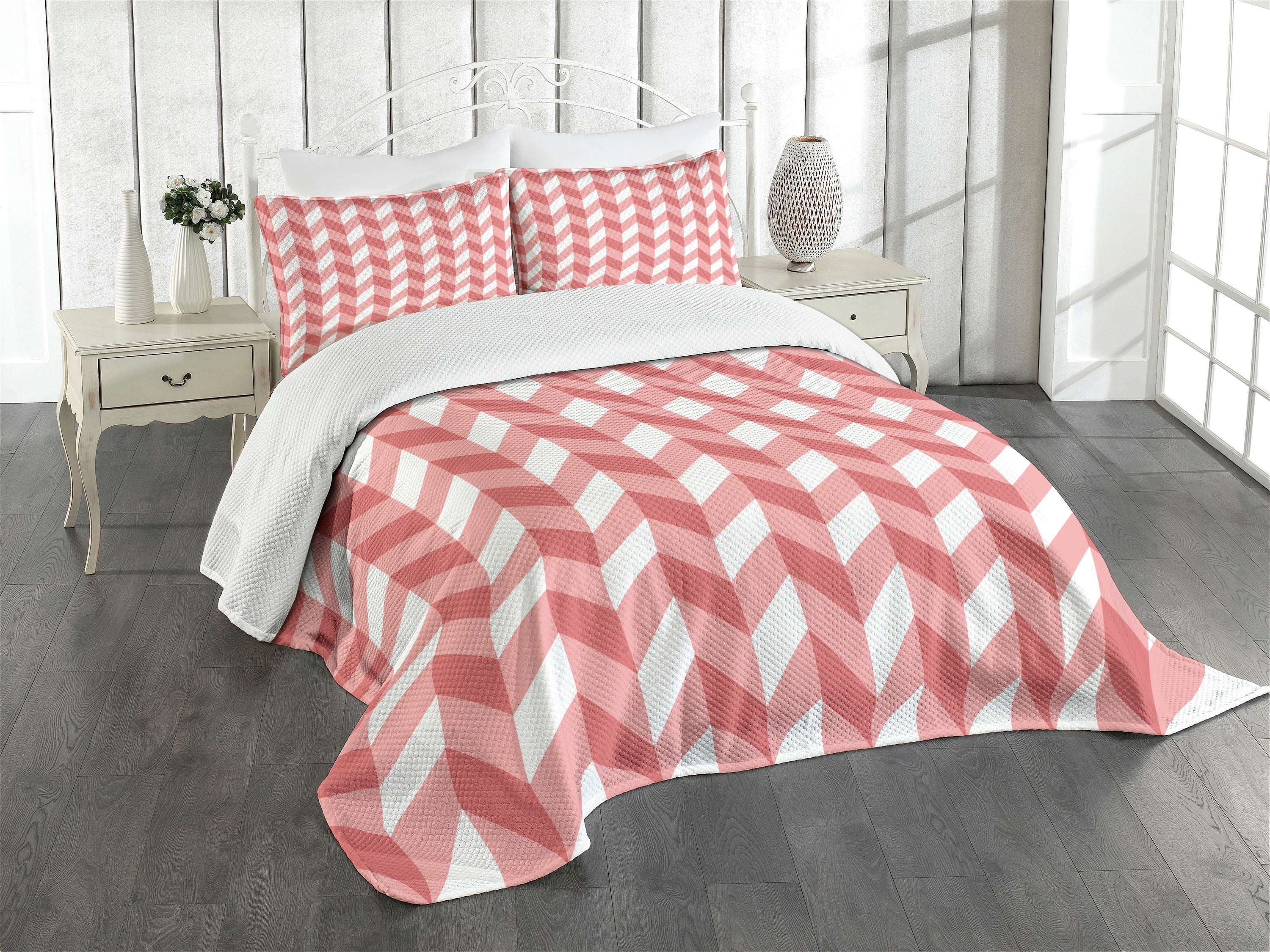 Ambesonne Coral Quilted Bedspread Set 3 Pcs, Retro Chevron Pattern ...