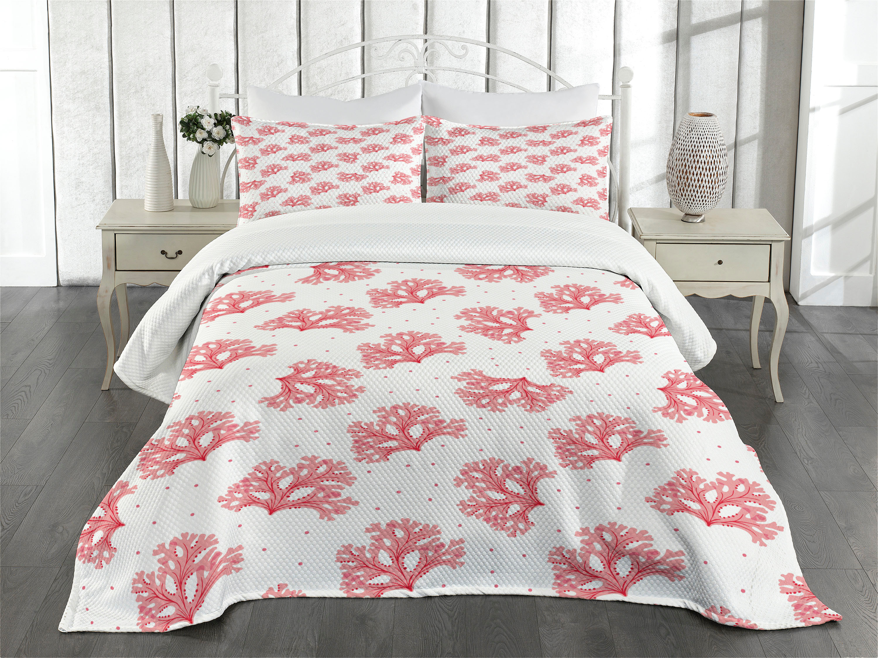 Ambesonne Coral Quilted Bedspread Set 3 Pcs, Underwater Seaweeds Dots ...