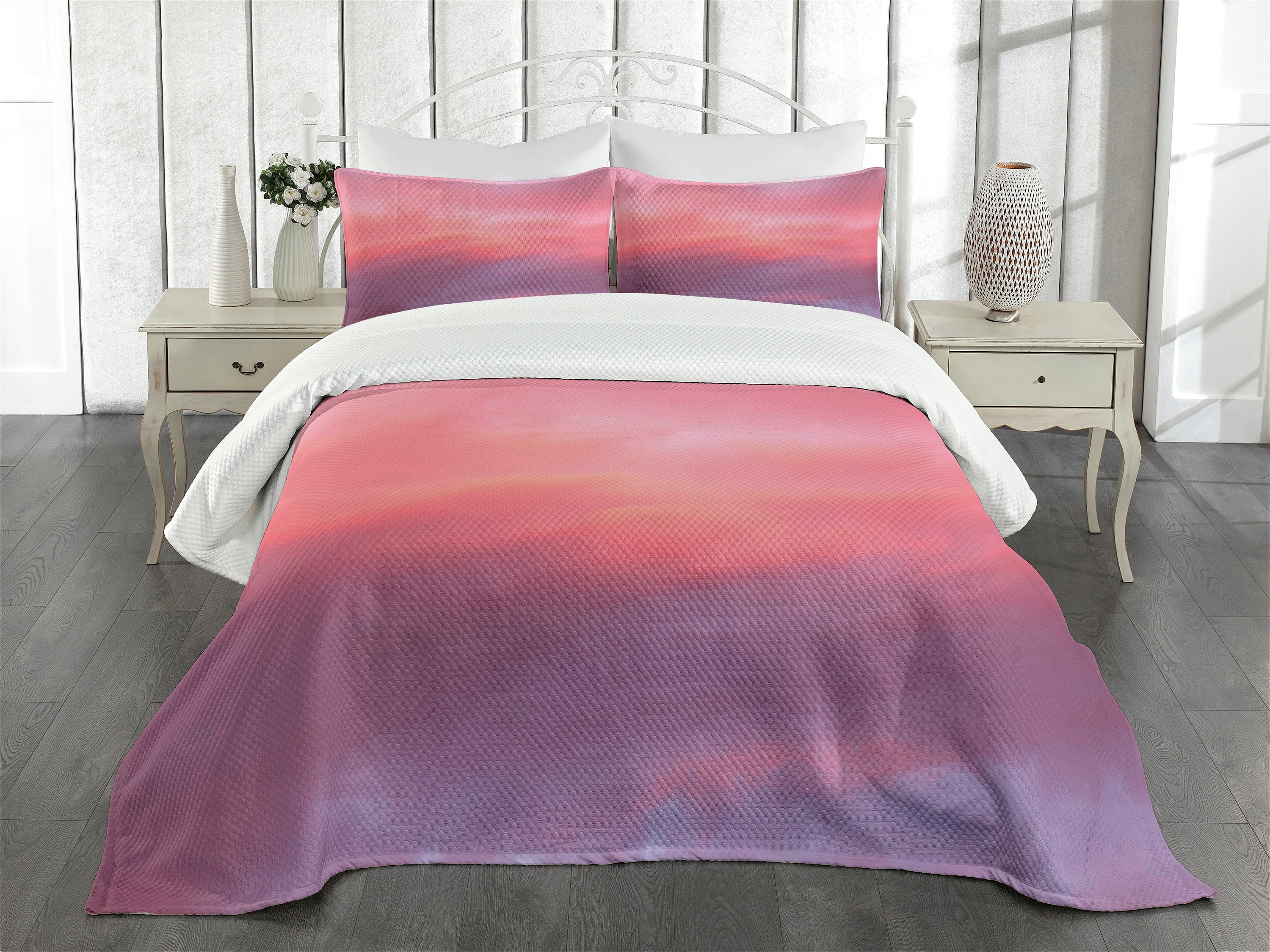 Ambesonne Coral Quilted Bedspread Set 3 Pcs, Vanilla Sky, King Size ...