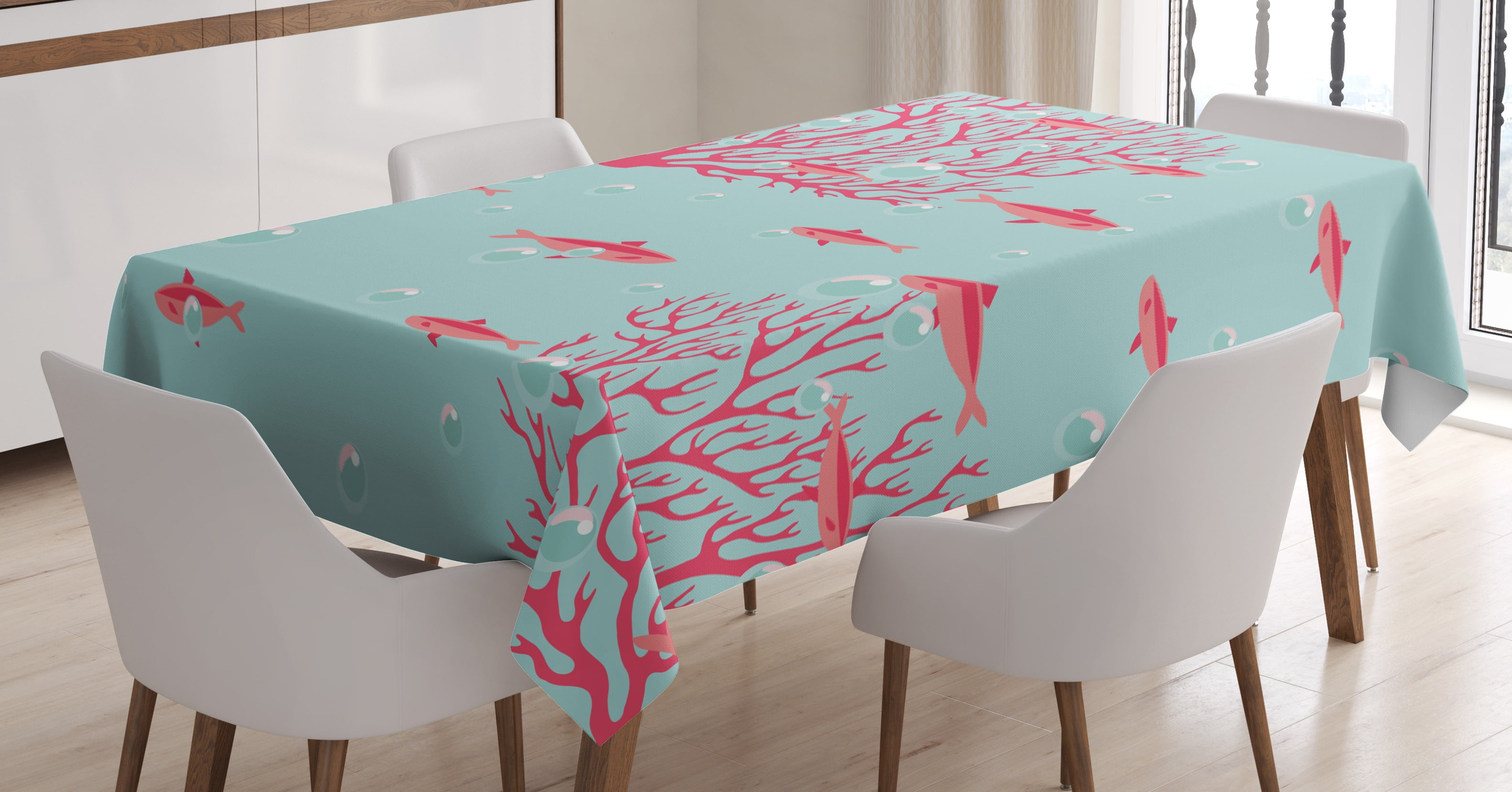 Ambesonne Coral Tablecloth Rectangular Table Cover, Fishes Coral Reef ...