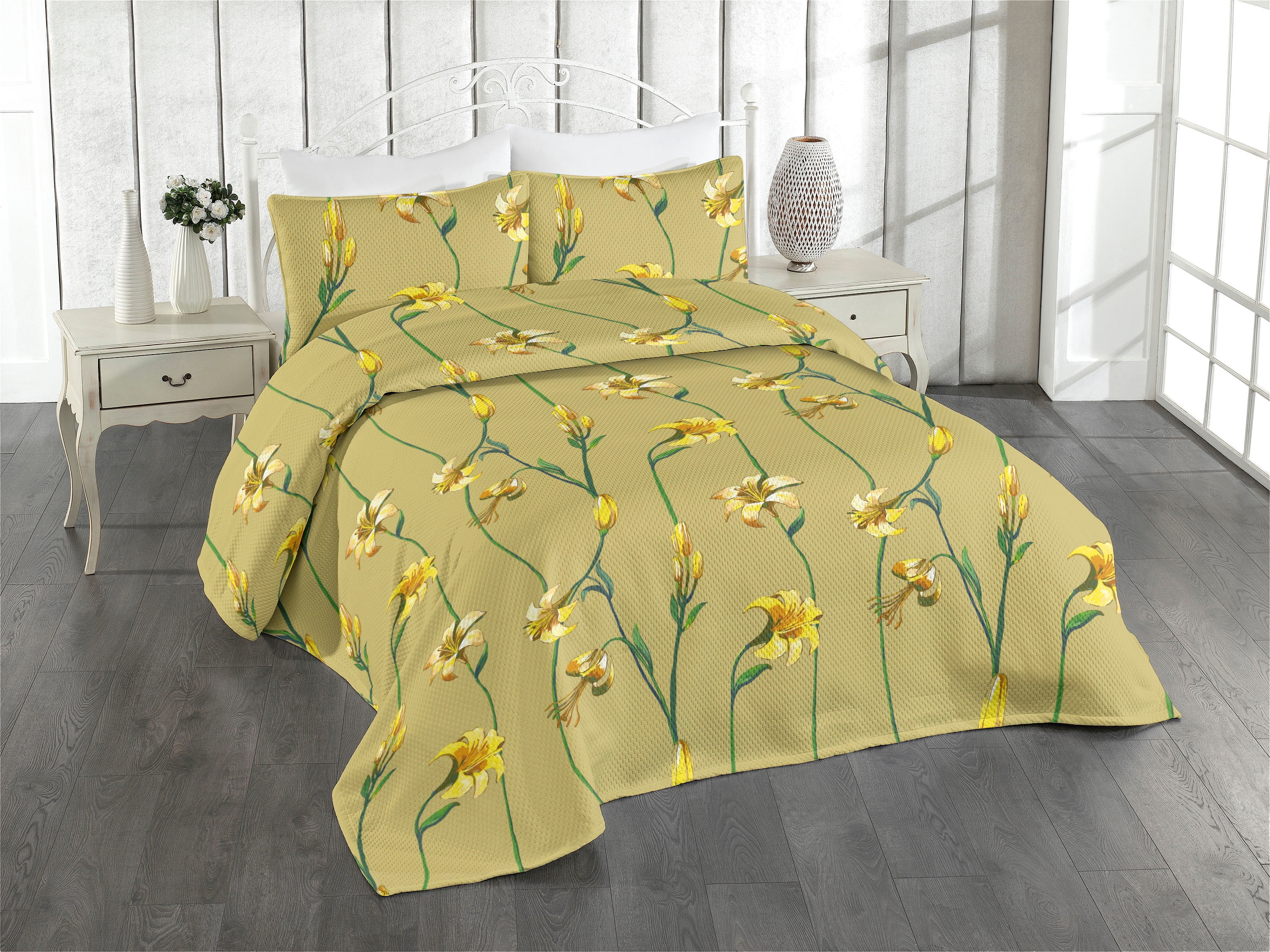 Ambesonne Cottagecore Quilted Bedspread Set 3 Pcs, Art Spring Lily ...