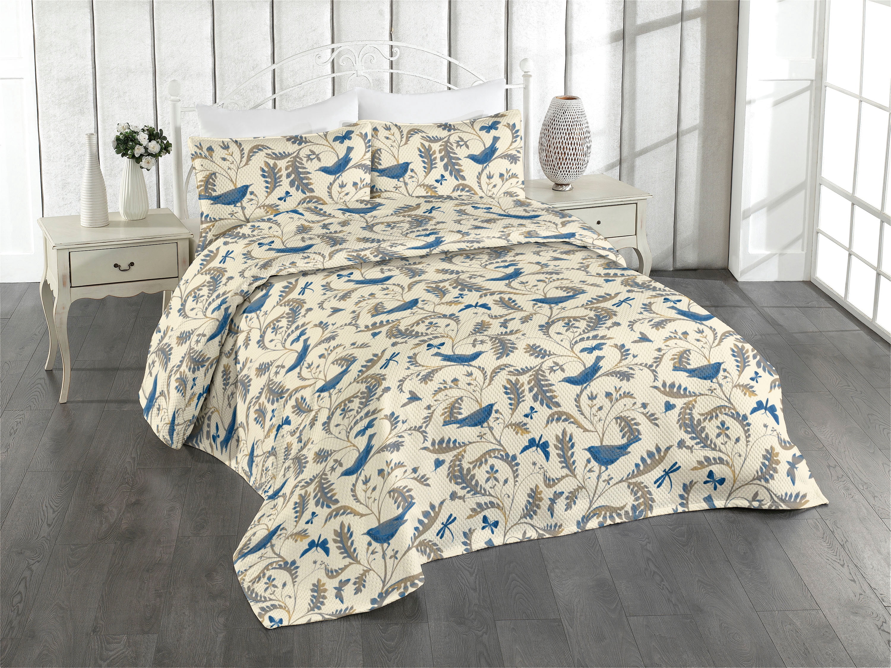 Ambesonne Cottagecore Quilted Bedspread Set 3 Pcs, Birds on Branches ...