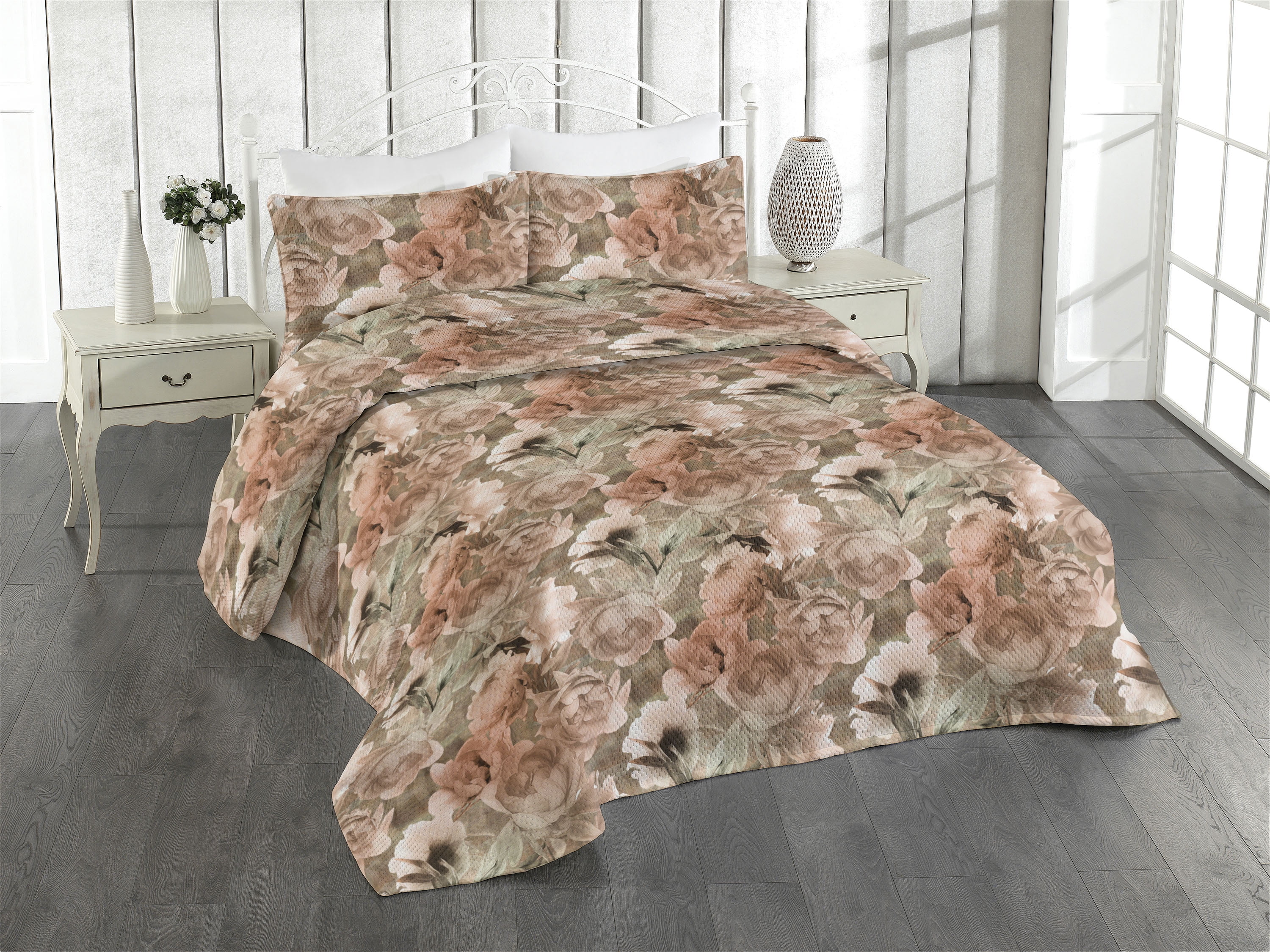 Ambesonne Cottagecore Quilted Bedspread Set 3 Pcs, Retro Floral Pattern ...