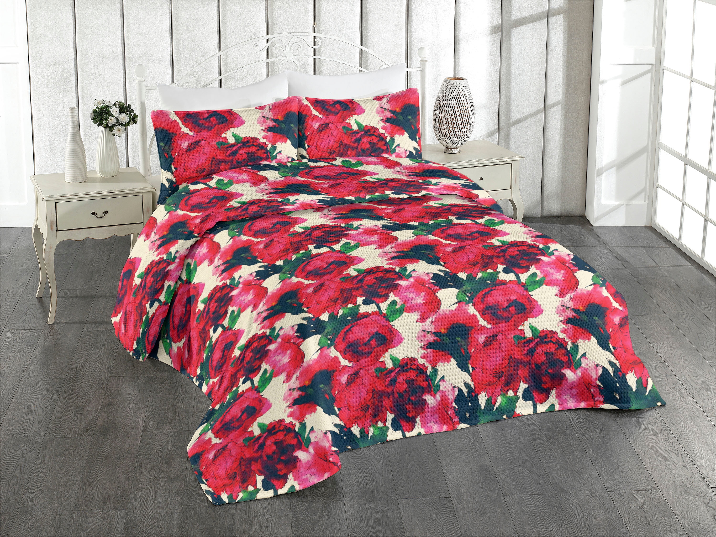 Ambesonne Cottagecore Quilted Bedspread Set 3 Pcs, Spring Garden Floral ...