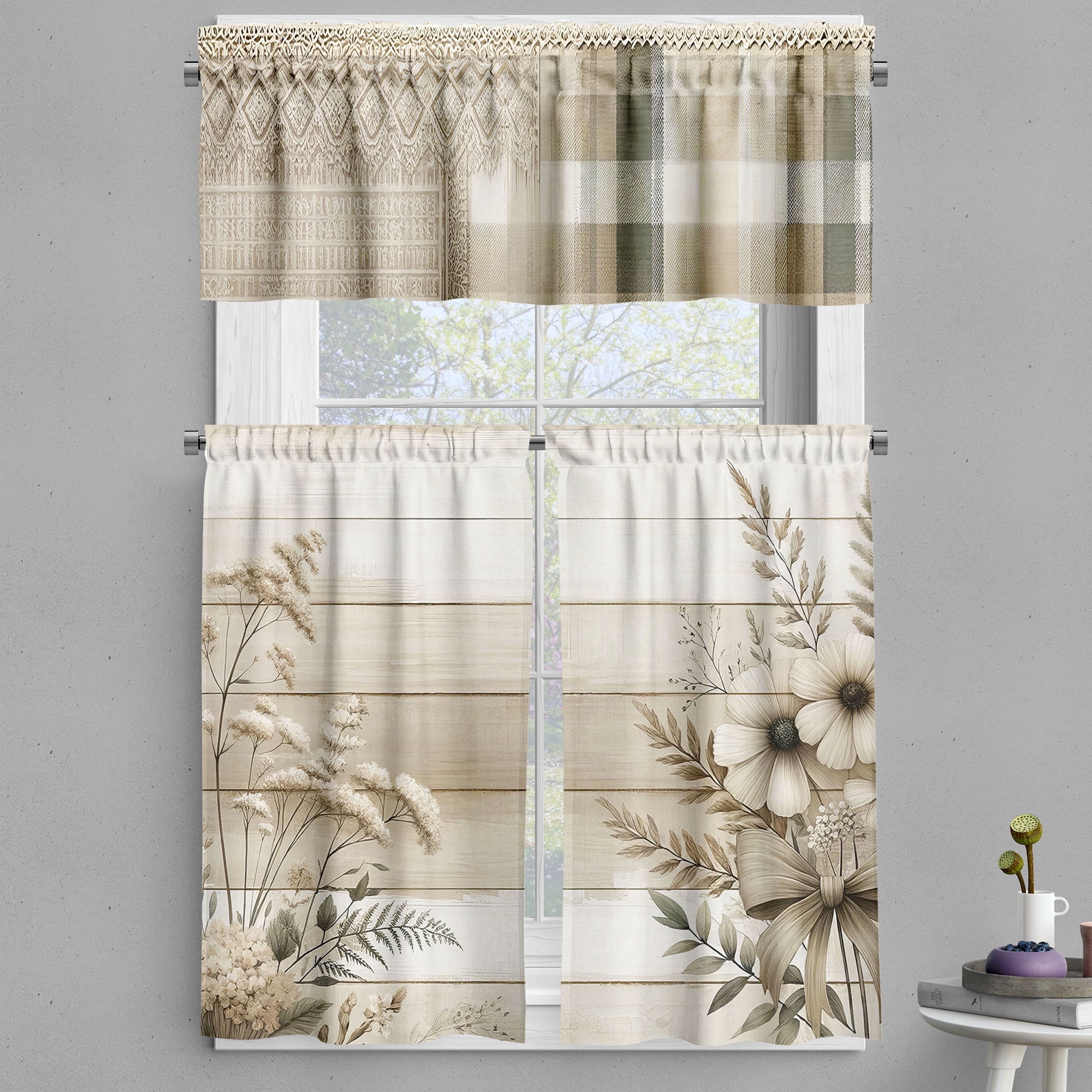 Ambesonne Cottagecore Valance & Curtain 3 Pcs Set, Neutral Boho Flowery ...