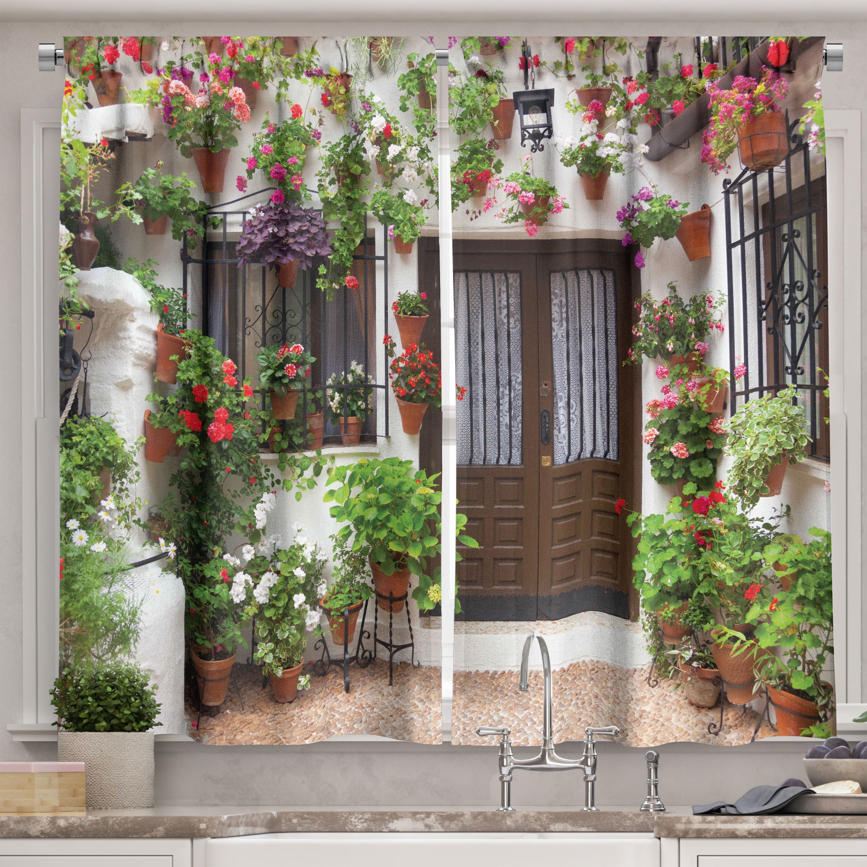Ambesonne Country Kitchen Curtains, Bunch of Flowers Pots, 55"x45 ...