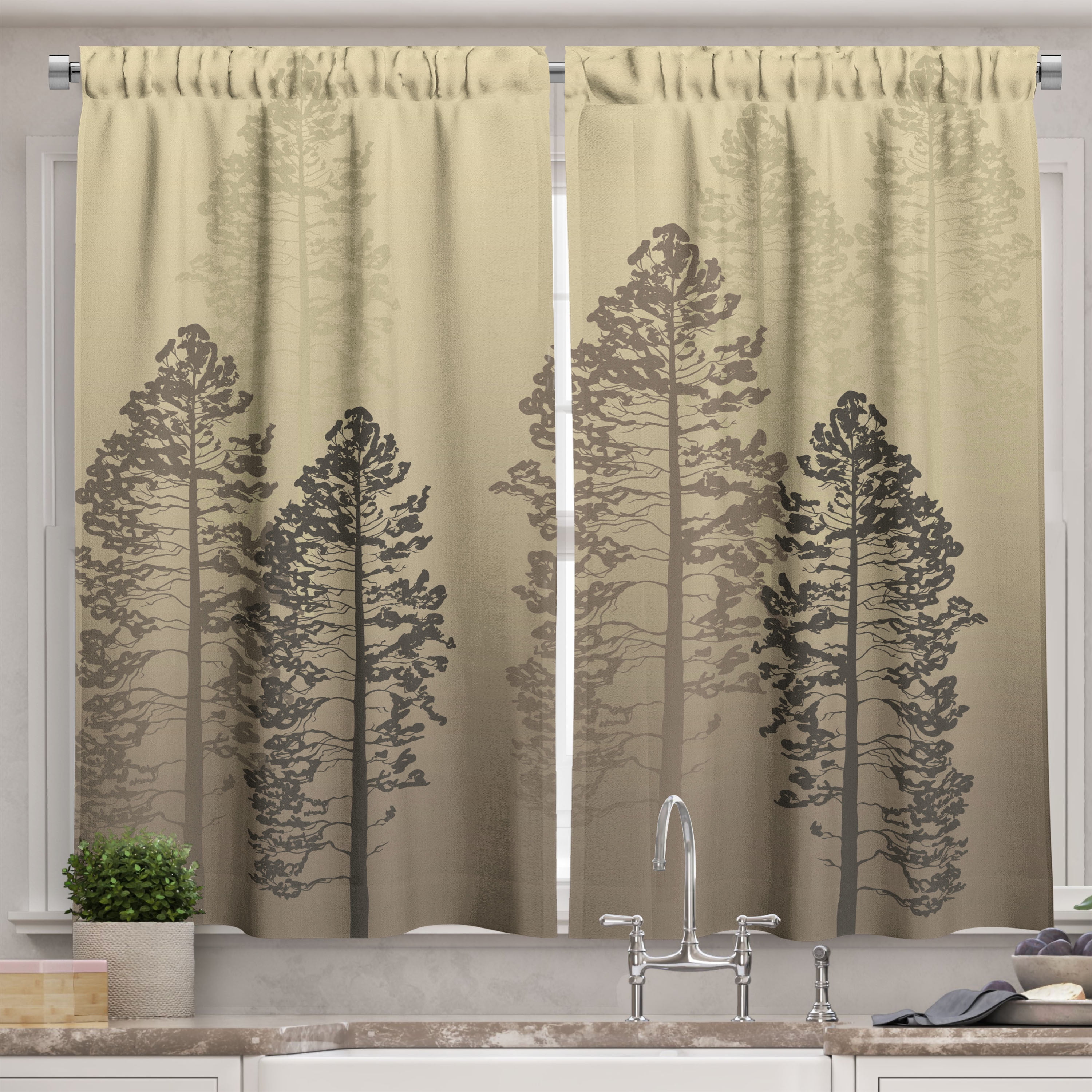 Ambesonne Country Kitchen Curtains, Pine Trees Woodland Ombre, 55"x45 ...