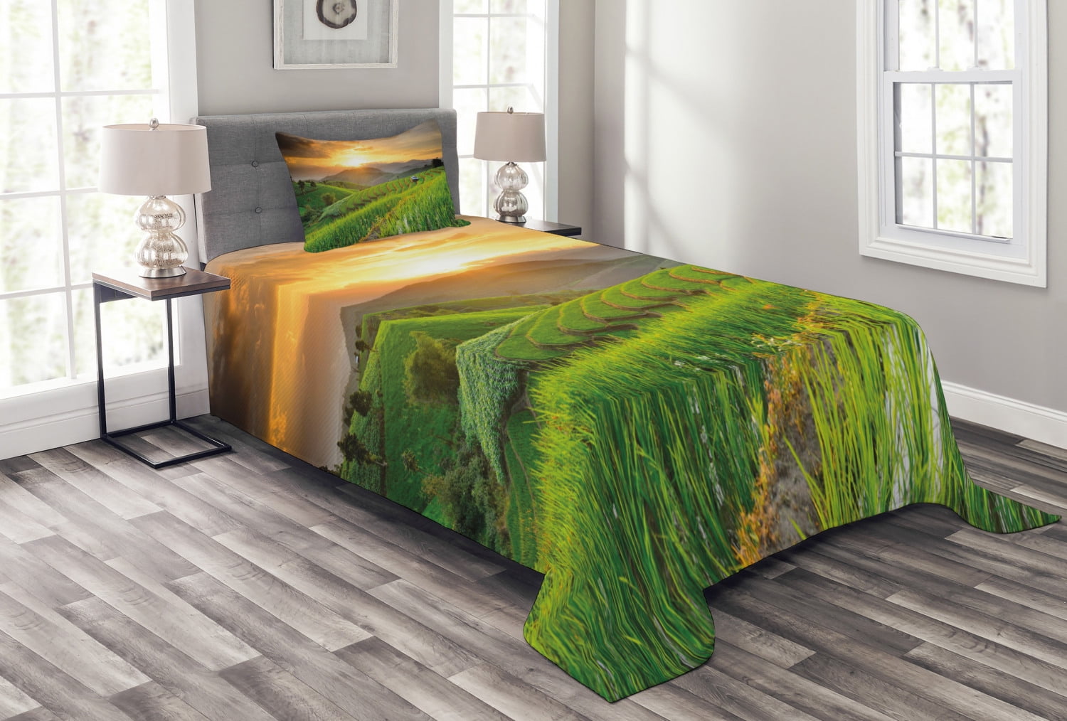 Ambesonne Country Quilted Bedspread Set 2 Pcs, Green Farm Landscape ...