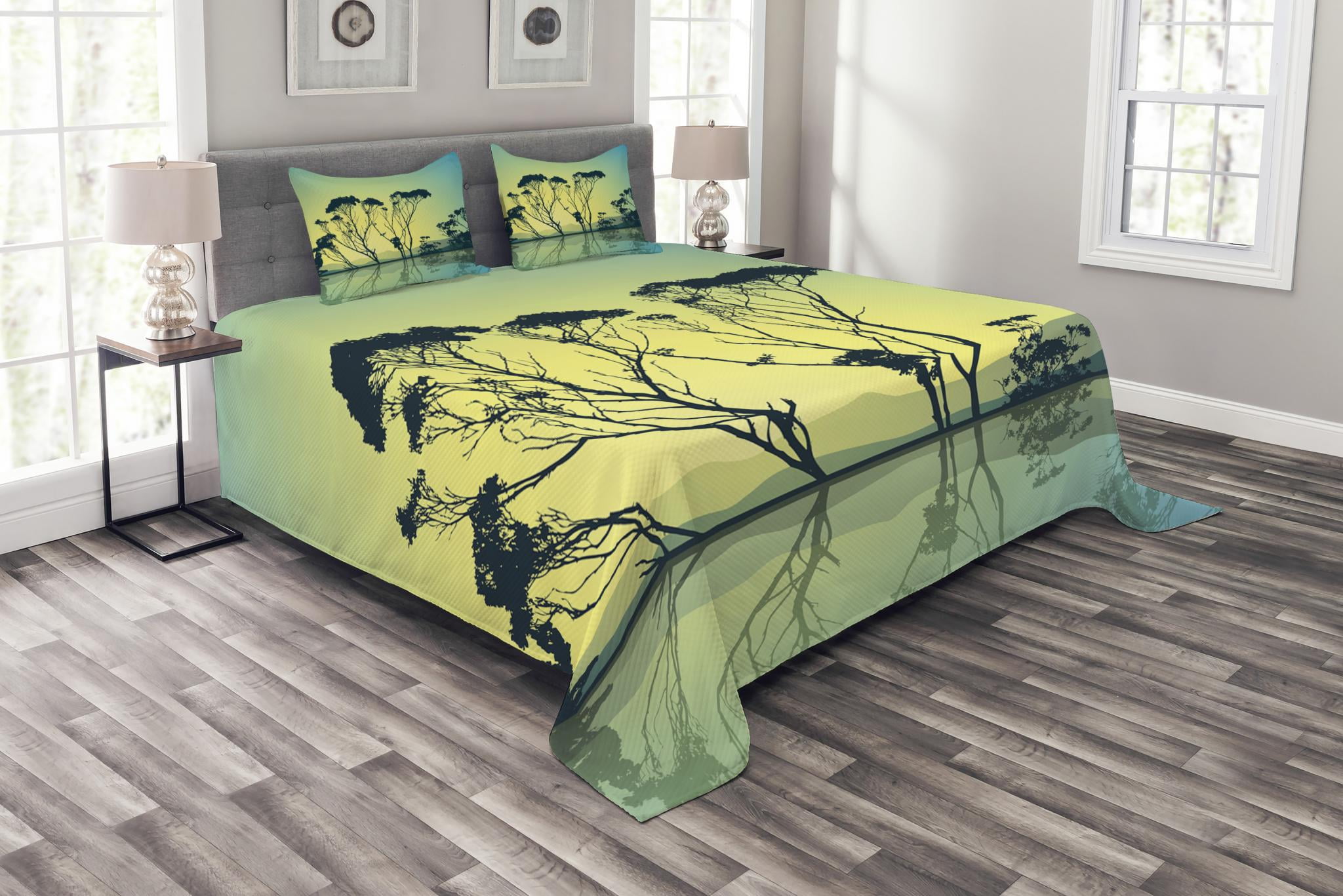 Ambesonne Country Quilted Bedspread Set 3 Pcs, Tree Silhouettes Scenic ...