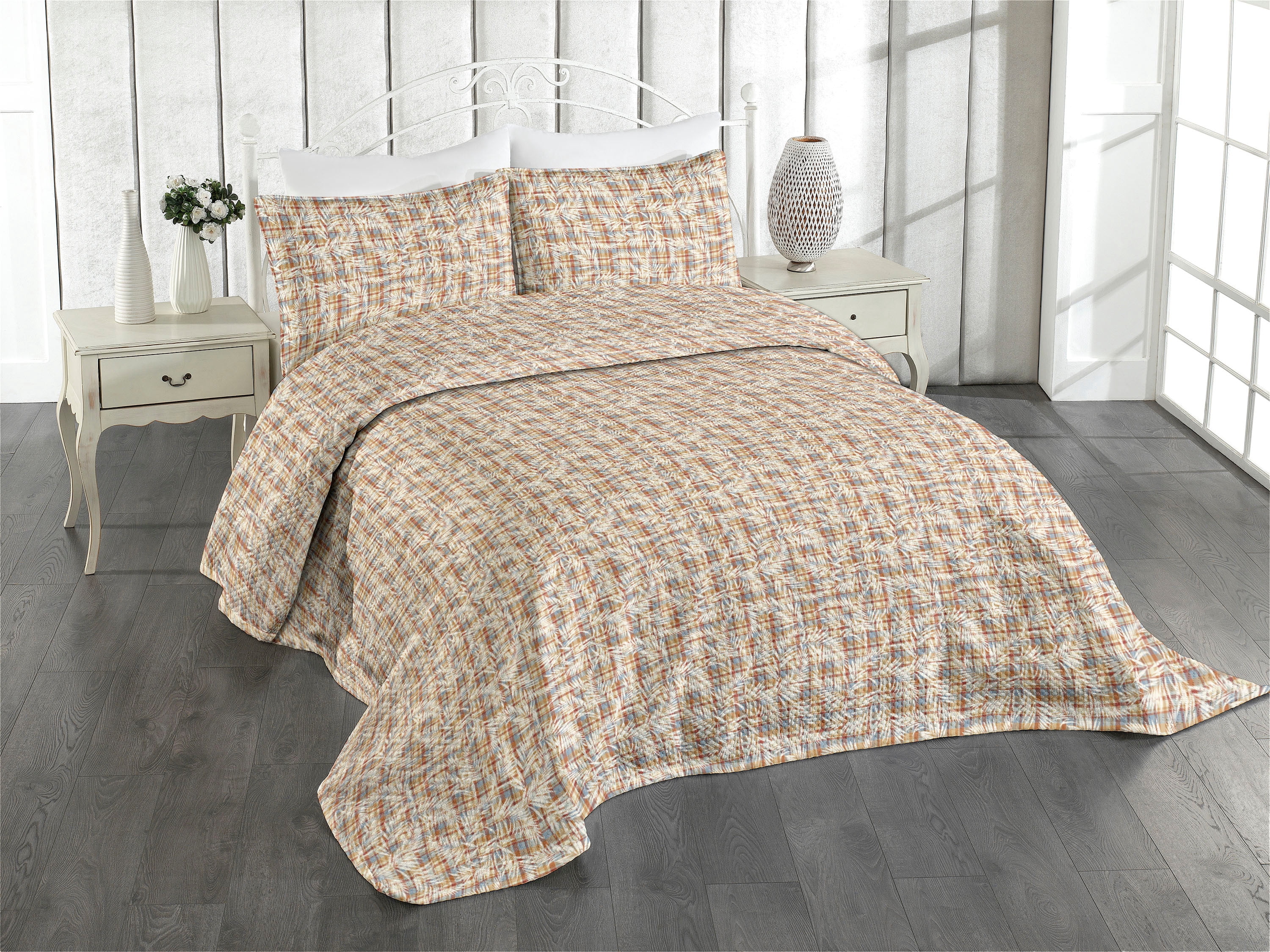 Ambesonne Country Themed Quilted Coverlet 3 Pcs, Retro Feathers Leafy ...