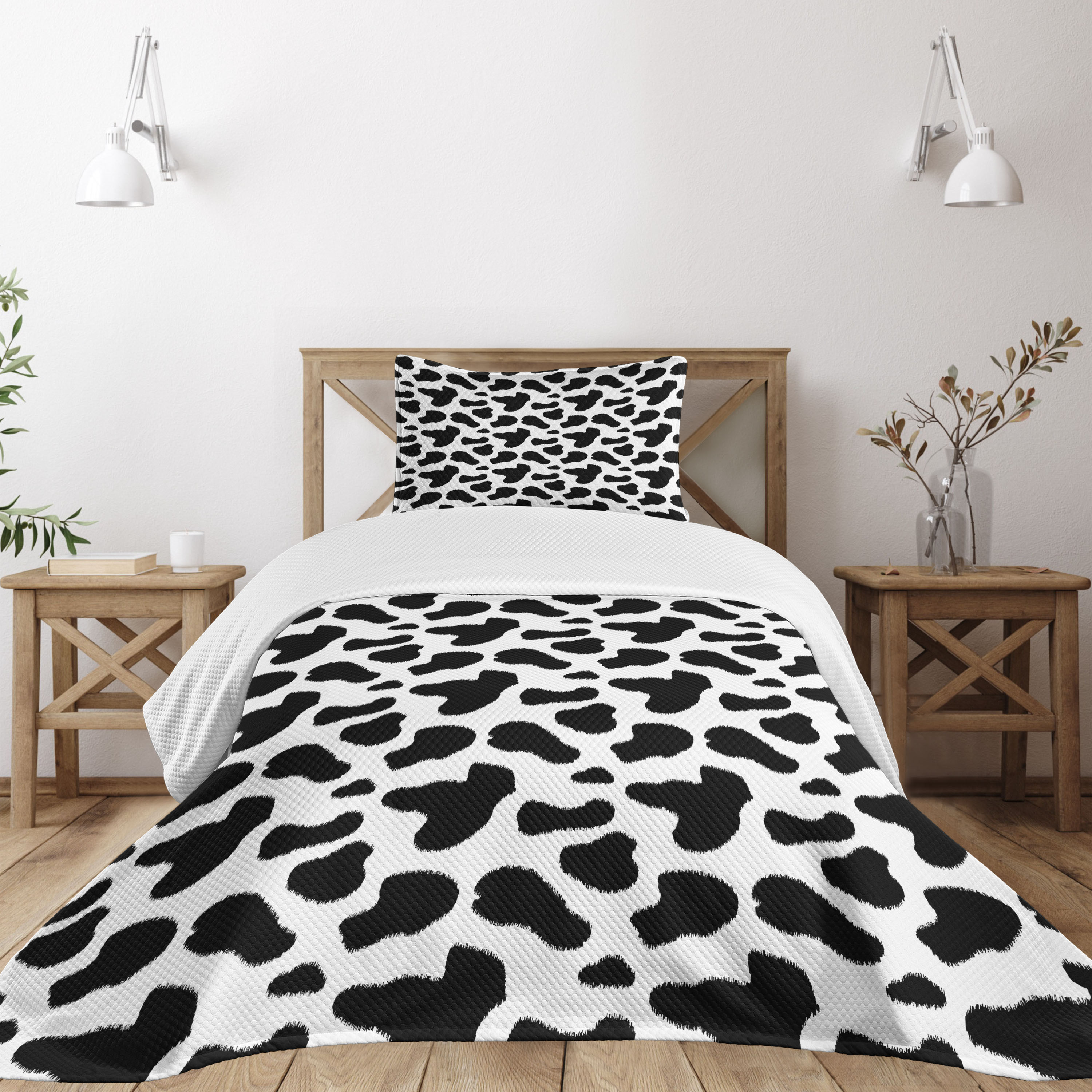 Ambesonne Cow Print Quilted Bedspread Set 2 Pcs, Cow Hide Black Spots ...
