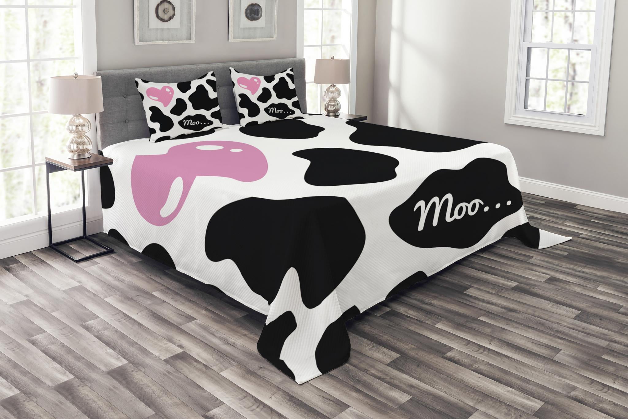 Ambesonne Queen Size Cow Print Quilted Bedspread Set, Pink Black White ...