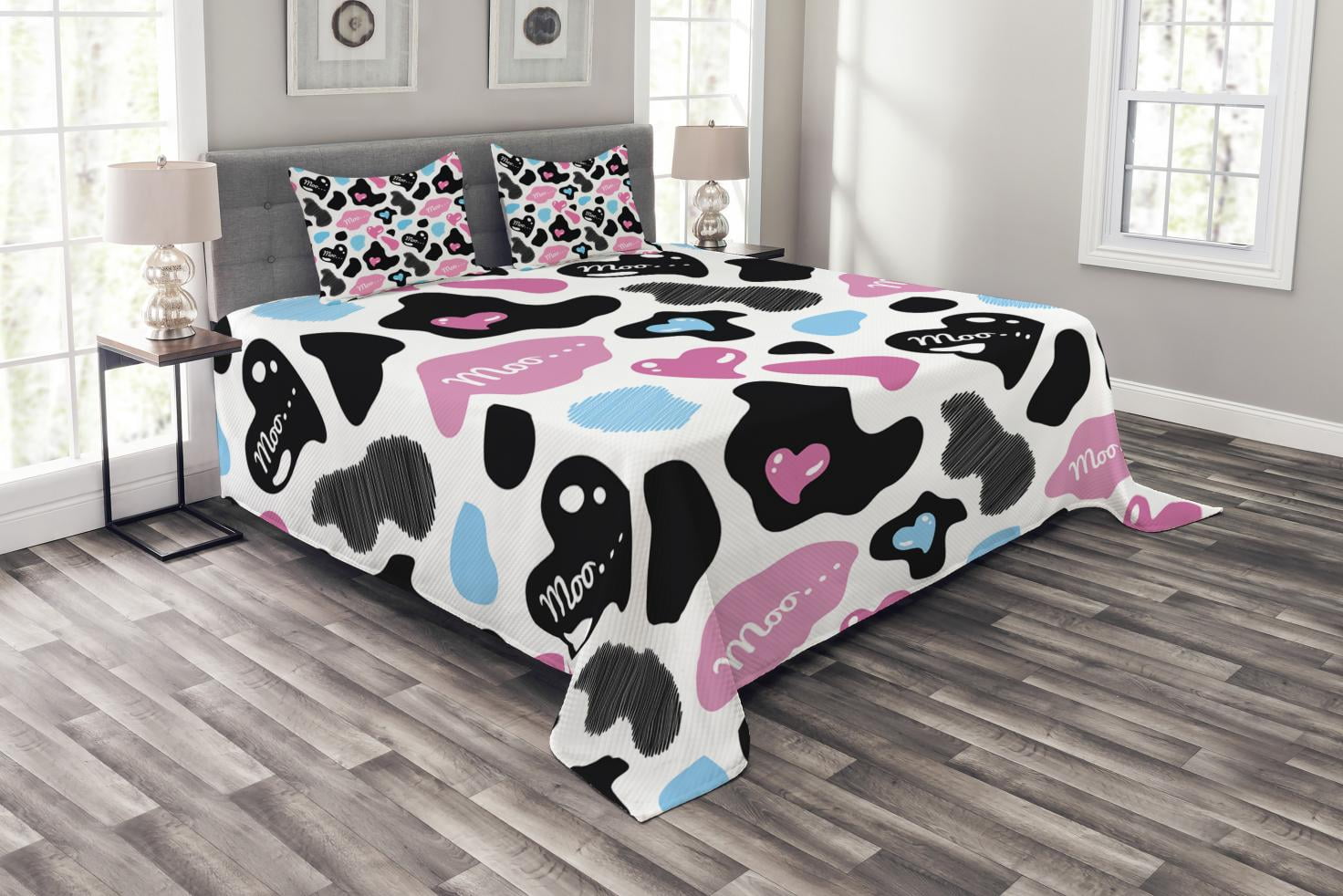 Ambesonne Cow Print Quilted Bedspread Set 3 Pcs, Cow Hide Heart, King ...