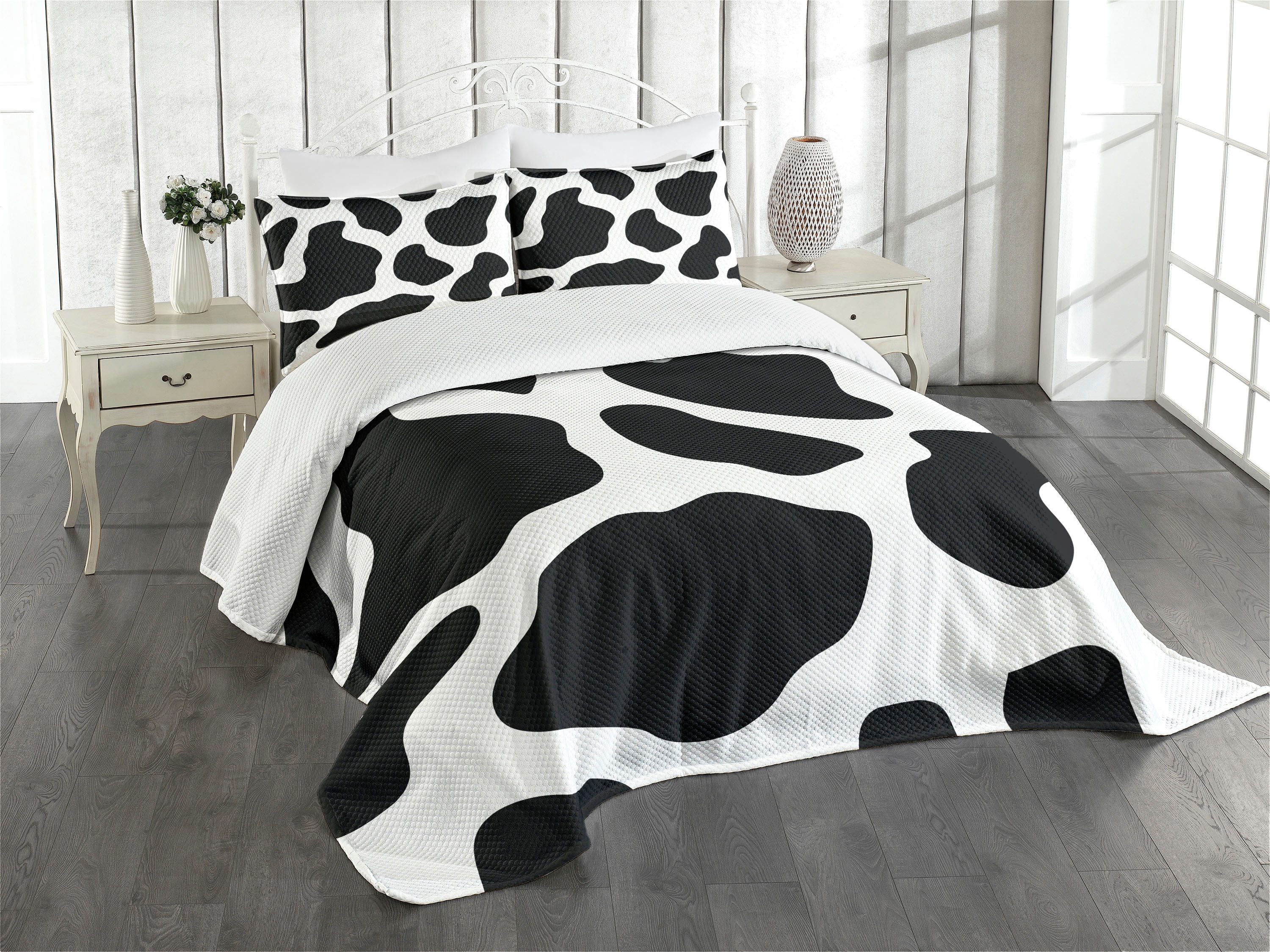 Ambesonne Cow Print Quilted Bedspread Set 3 Pcs, White Cow Hide Barn ...