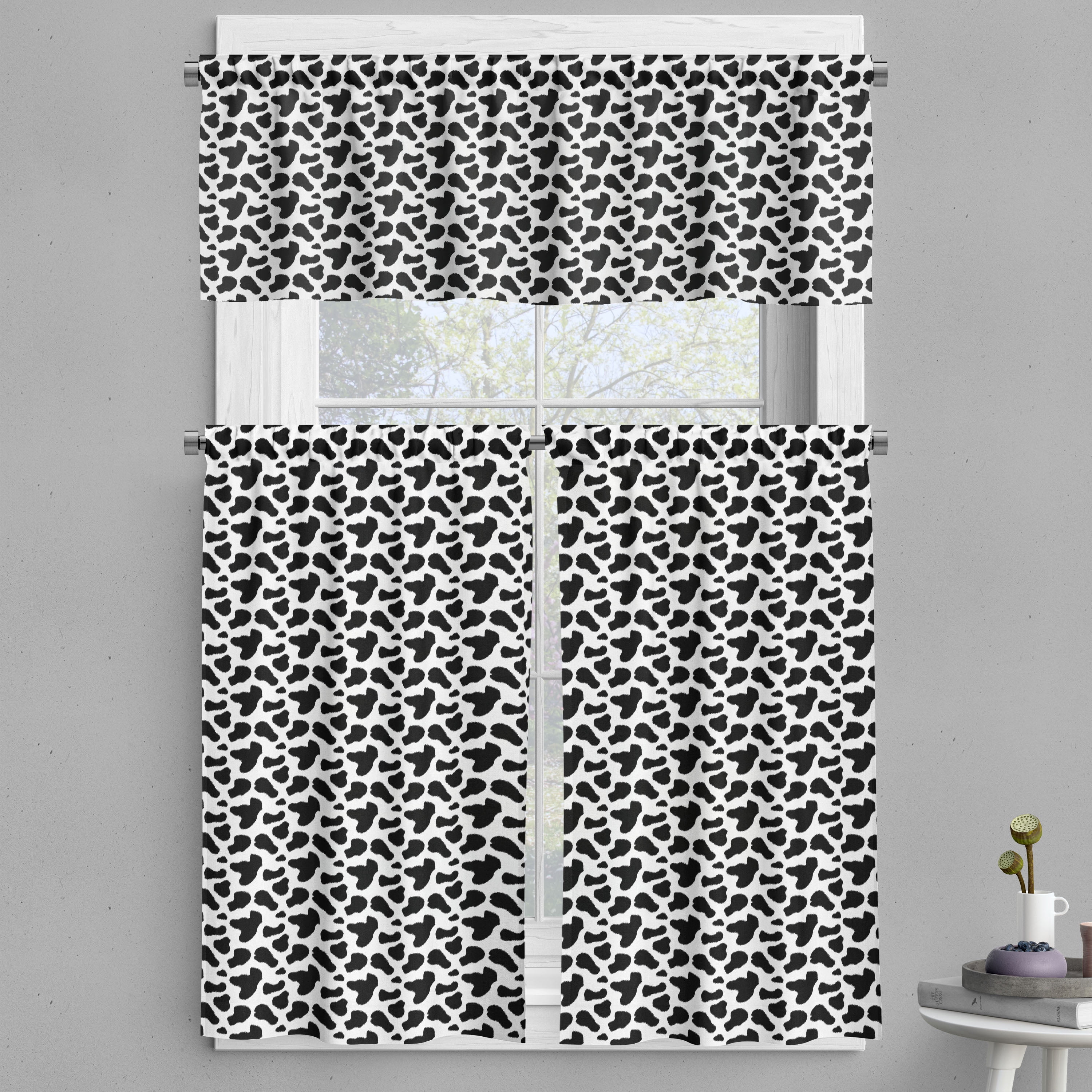 Ambesonne Cow Print Valance & Curtain, Cow Hide Black Spots, 55"x24 ...