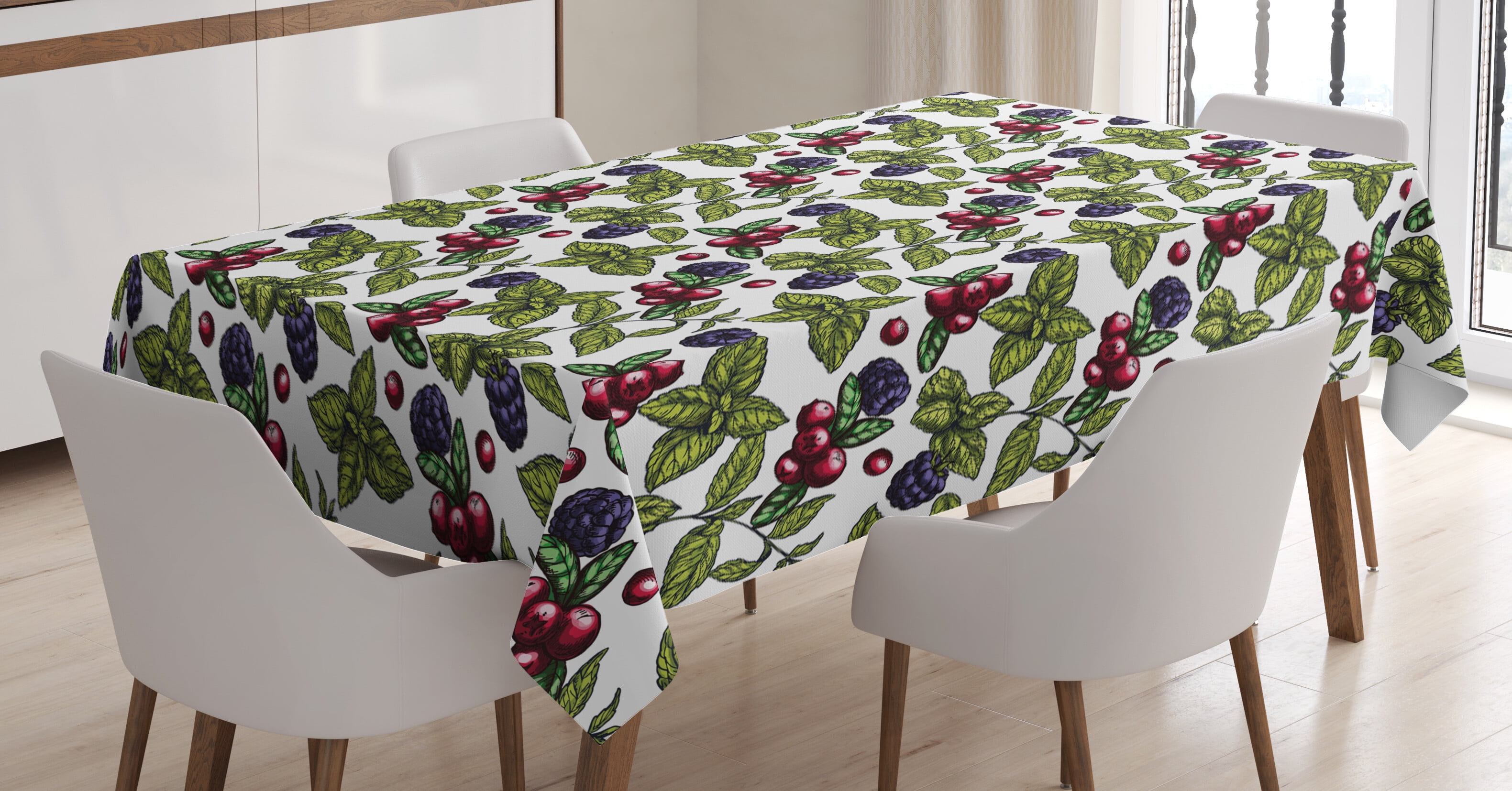 Ambesonne Cranberry Tablecloth Rectangular Table Cover, Berry Mint Leaf ...
