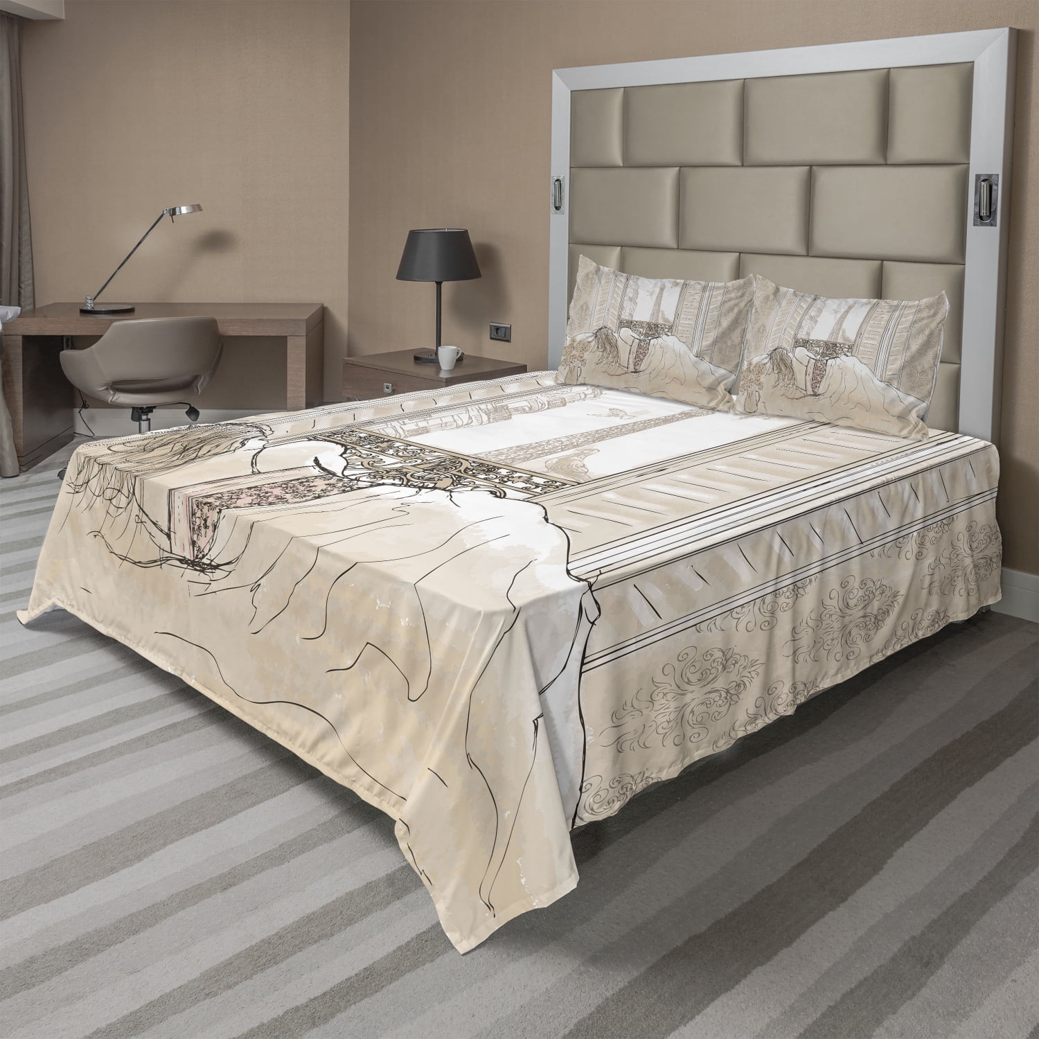 Ambesonne Cream Fitted & Top Sheet Set with Shams, View of Eiffiel ...